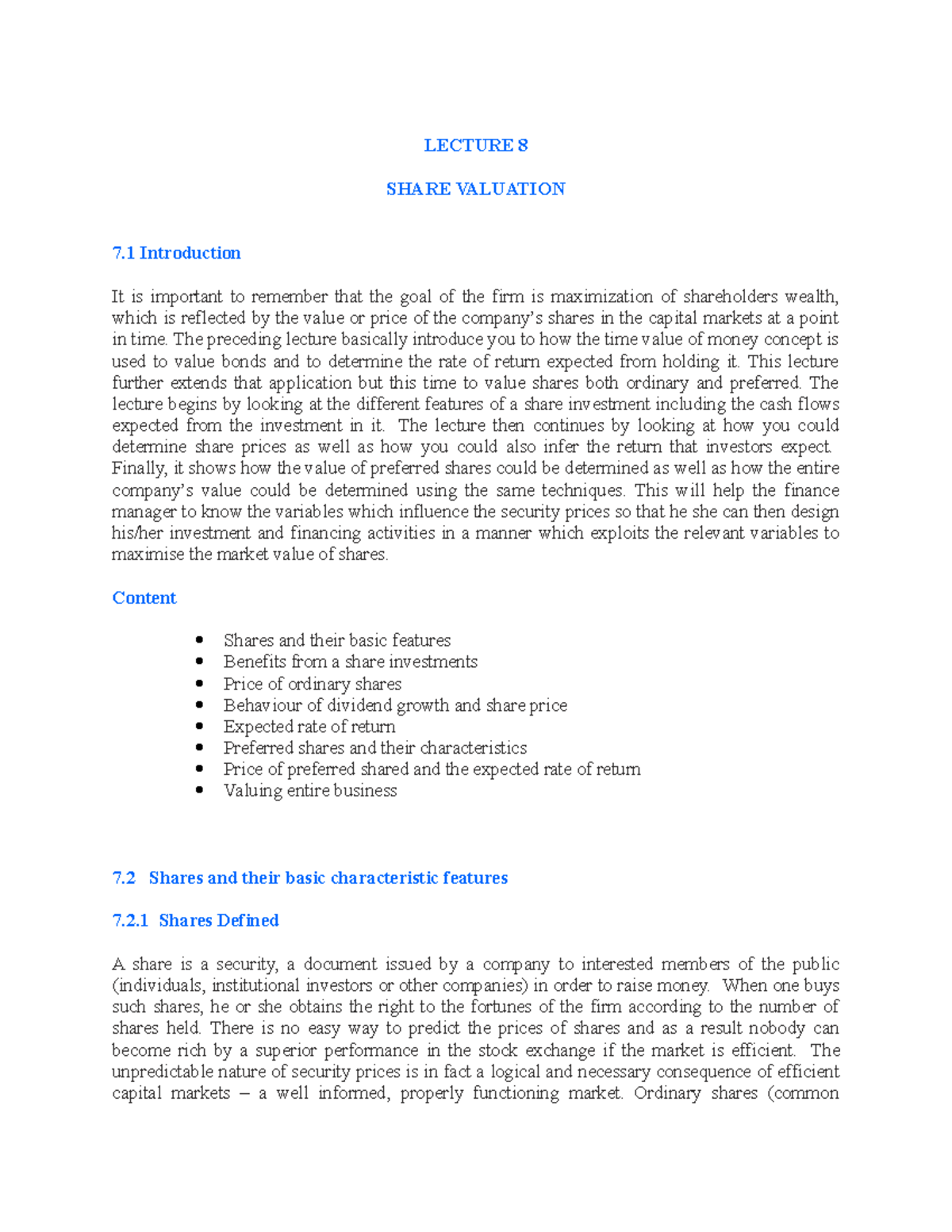 Share Valuation Lecture Notes - LECTURE 8 SHARE VALUATION 7 ...
