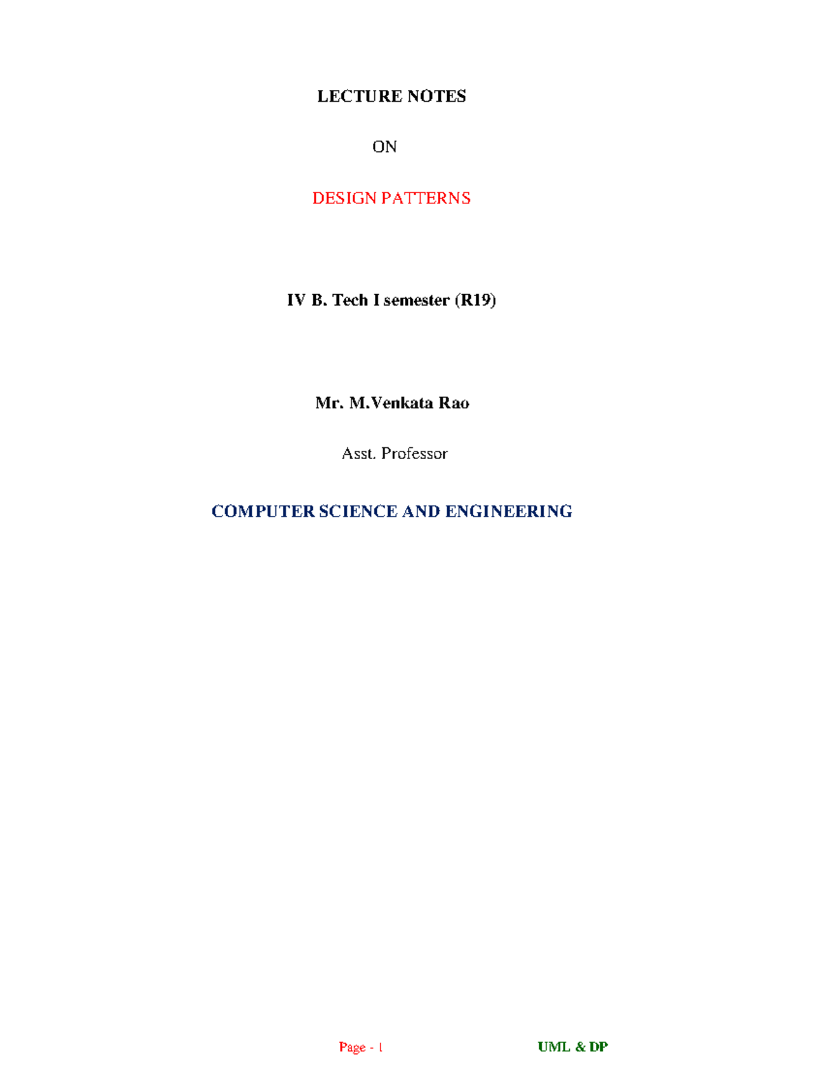Dp Lecture Notes R19 Hadoop Lecture Notes On Design Patterns Iv B