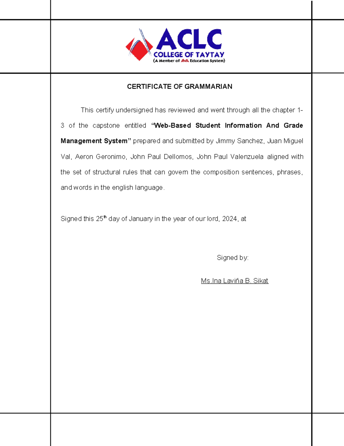 Certicate for Grammarian - CERTIFICATE OF GRAMMARIAN This certify ...