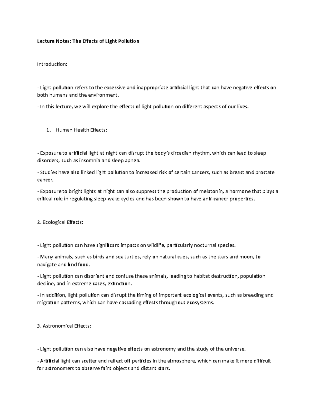 Lecture Notes: The Effects of Light Pollution - Lecture Notes: The ...