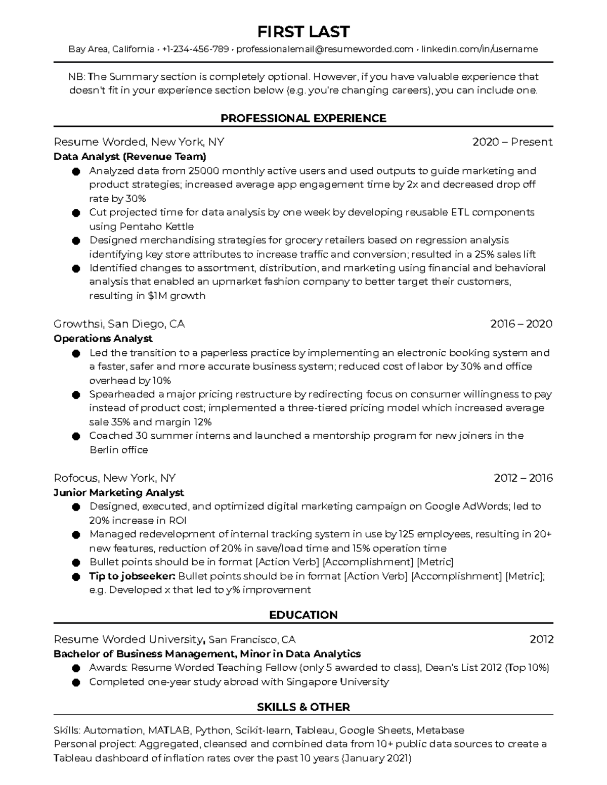 Data Analyst - ats compatible - FIRST LAST Bay Area, California • +1 ...