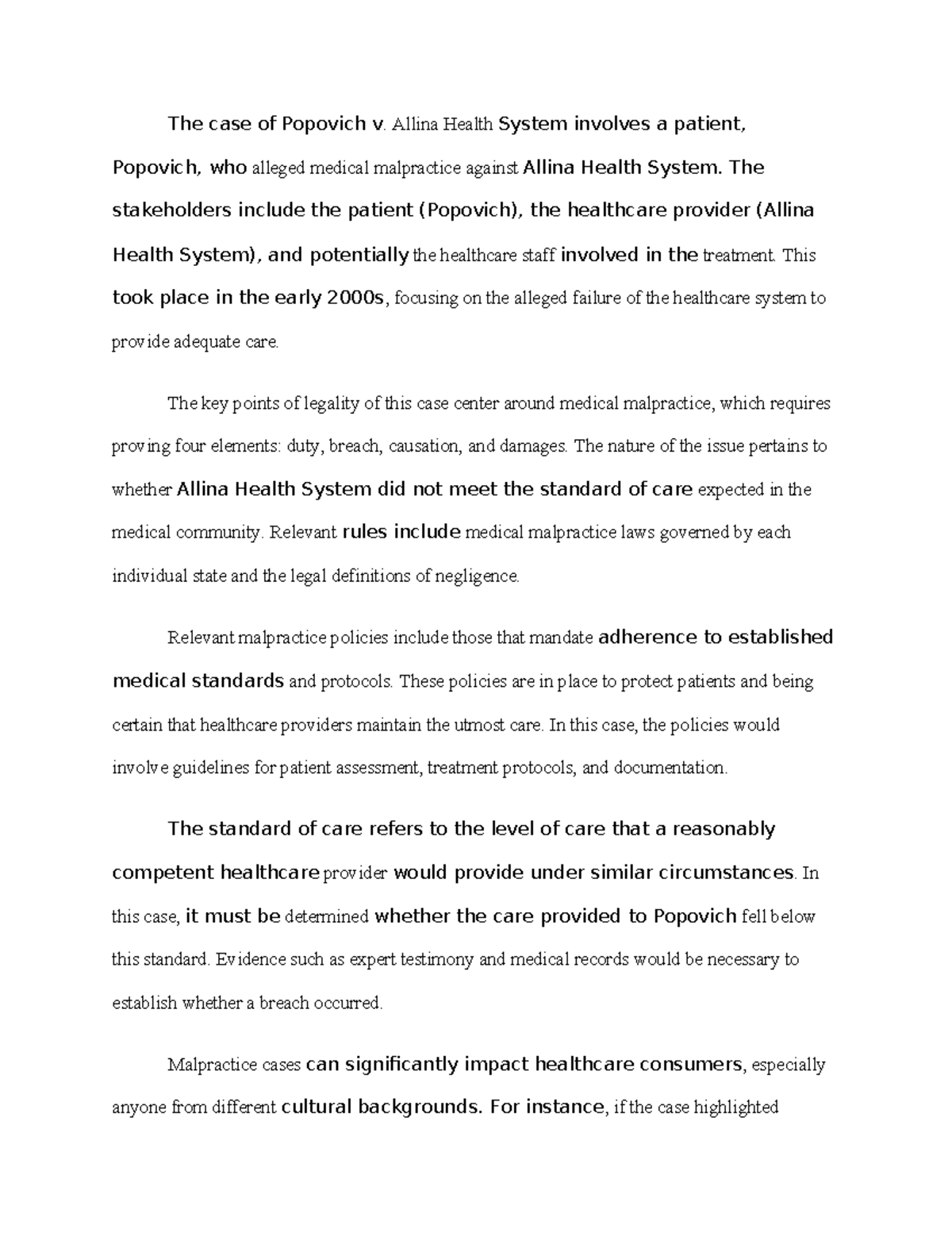 Milestone 1 Popovich - homework - The case of Popovich v. Allina Health ...