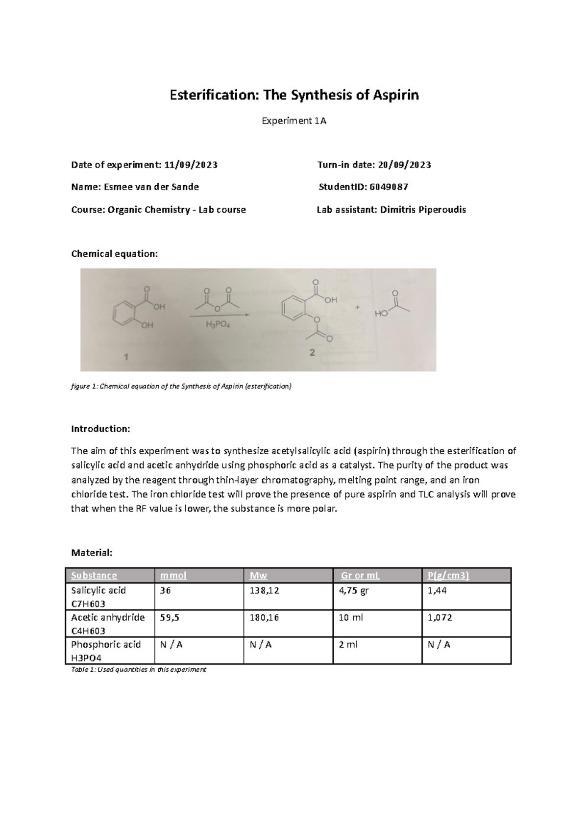 Esterification The Synthesis of Aspirin - Esterification: The Synthesis ...