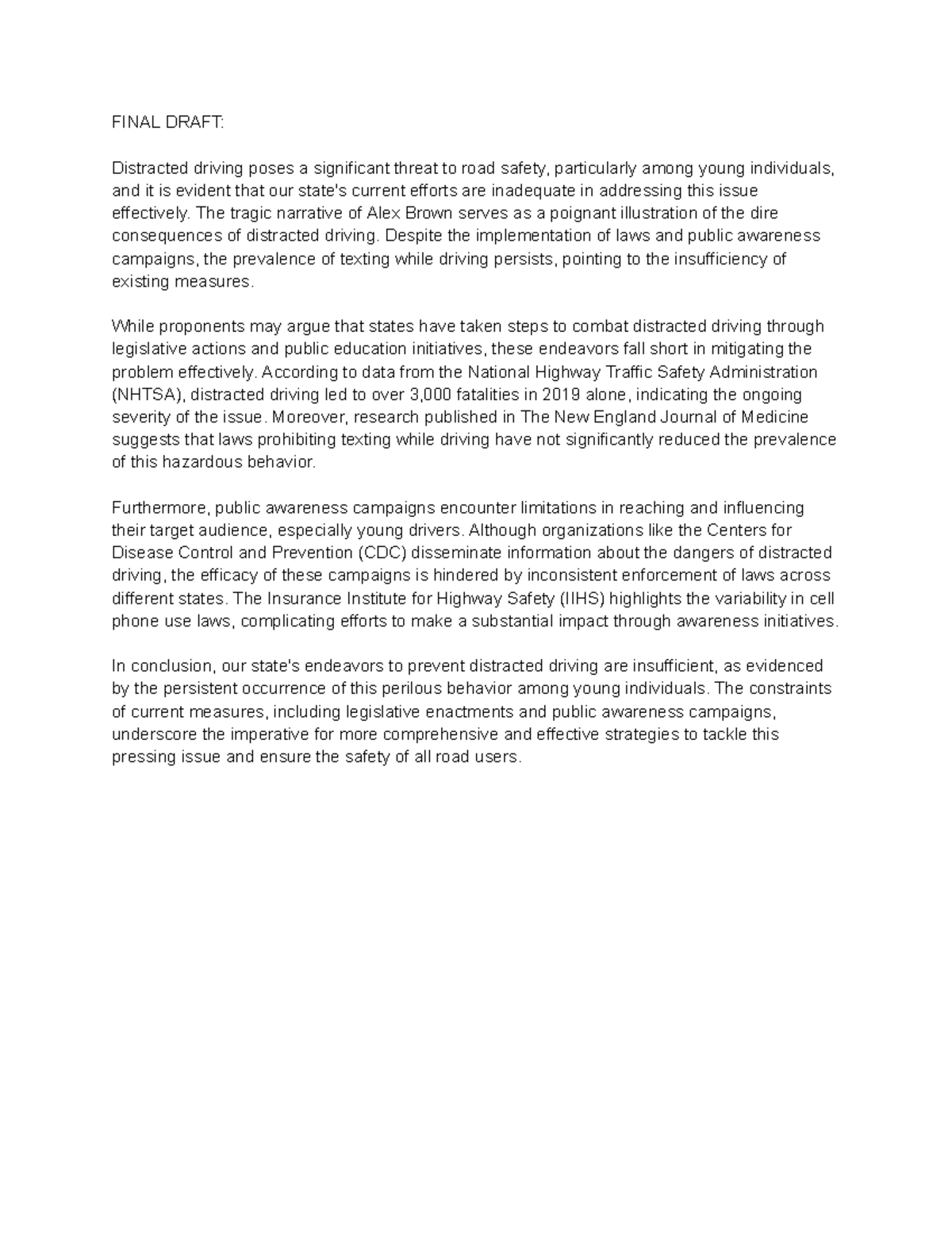 Eng 7 - Notes - FINAL DRAFT: Distracted driving poses a significant ...