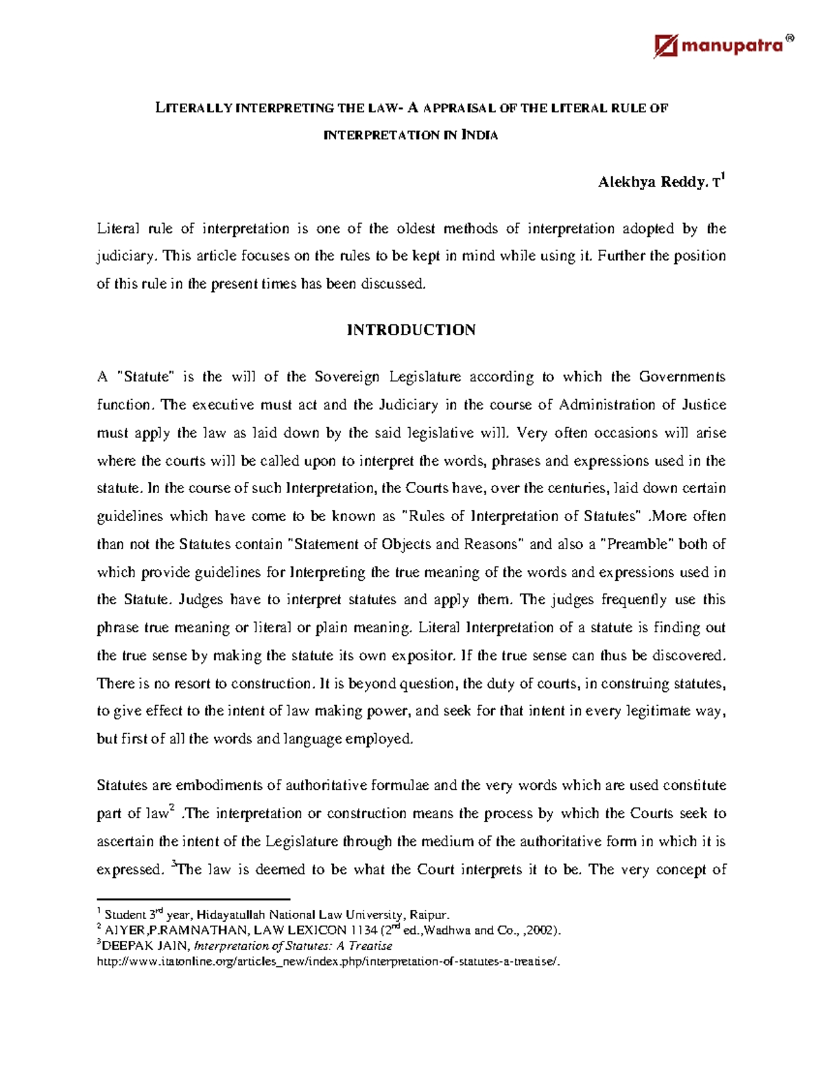 Literally interpreting of the Law, General rule of Interpretation ...