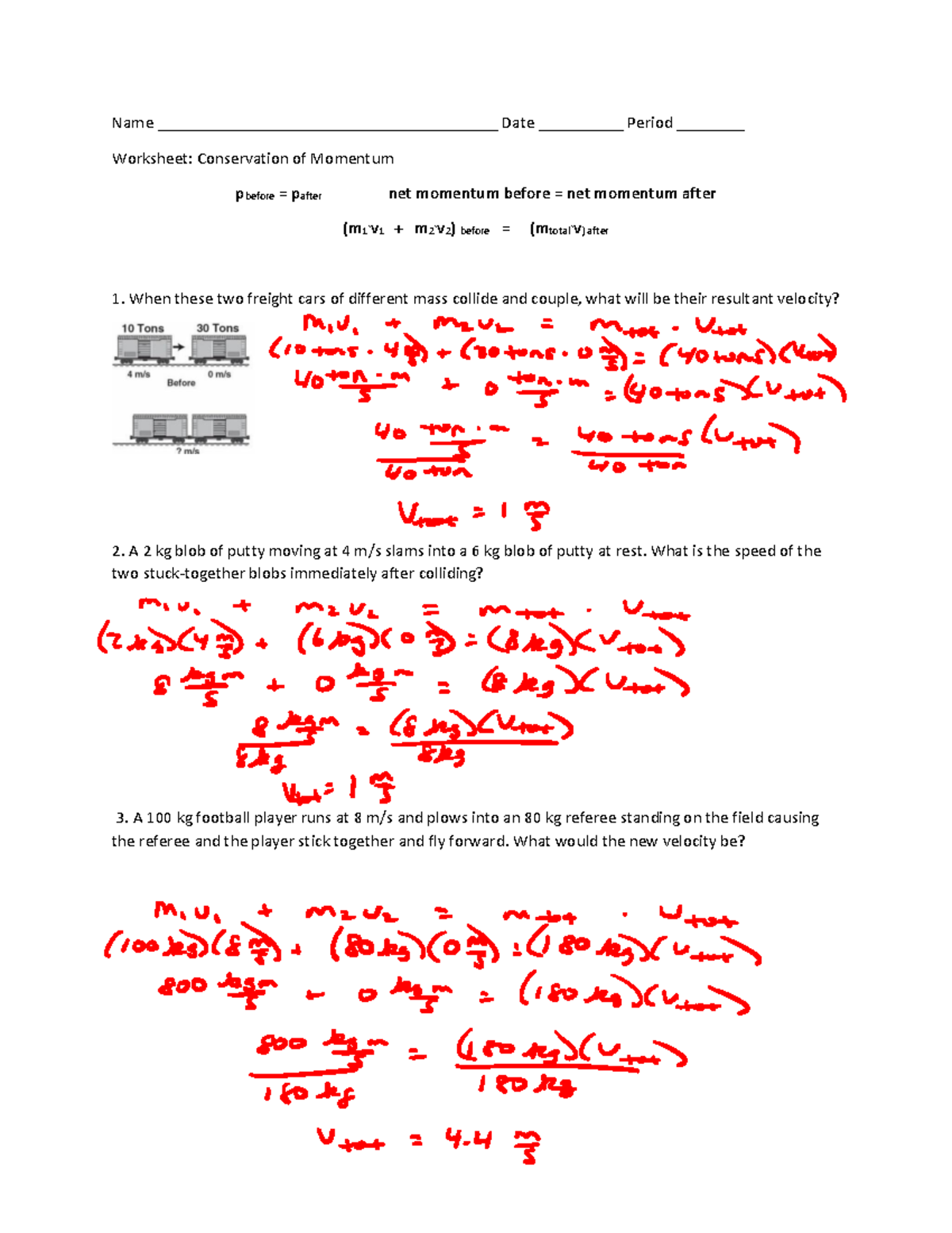 Conservation of momentum problems-answers - Name