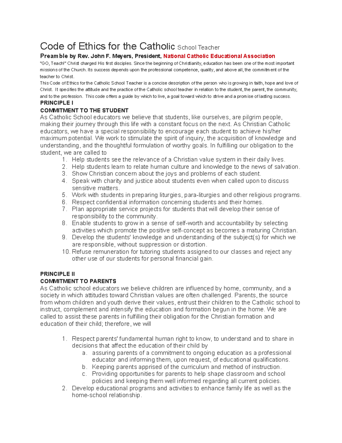 Code of Ethics for the Catholic School Teacher - John F. Meyers ...