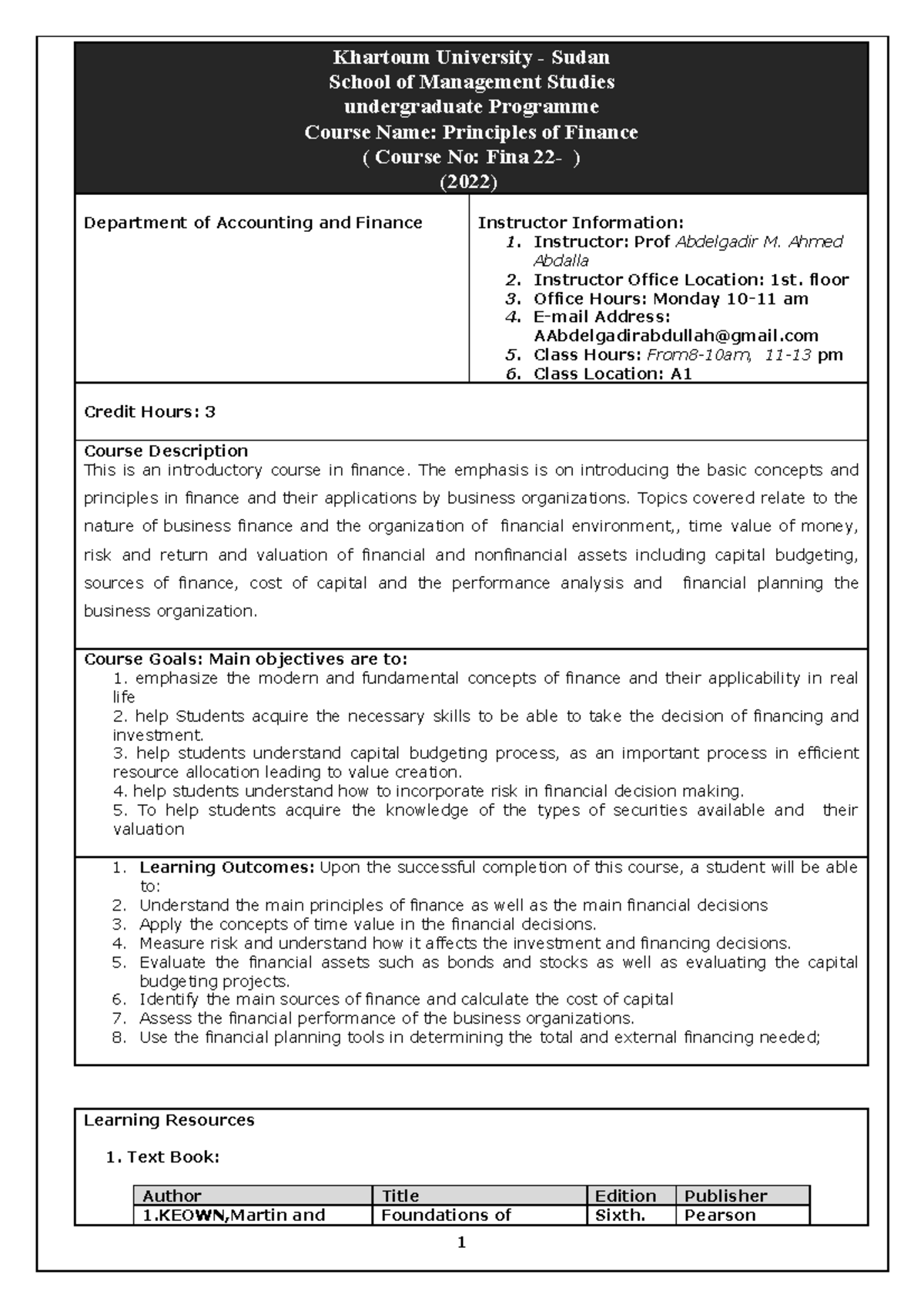 Course outline SMS 2022 - Khartoum University - Sudan School of ...