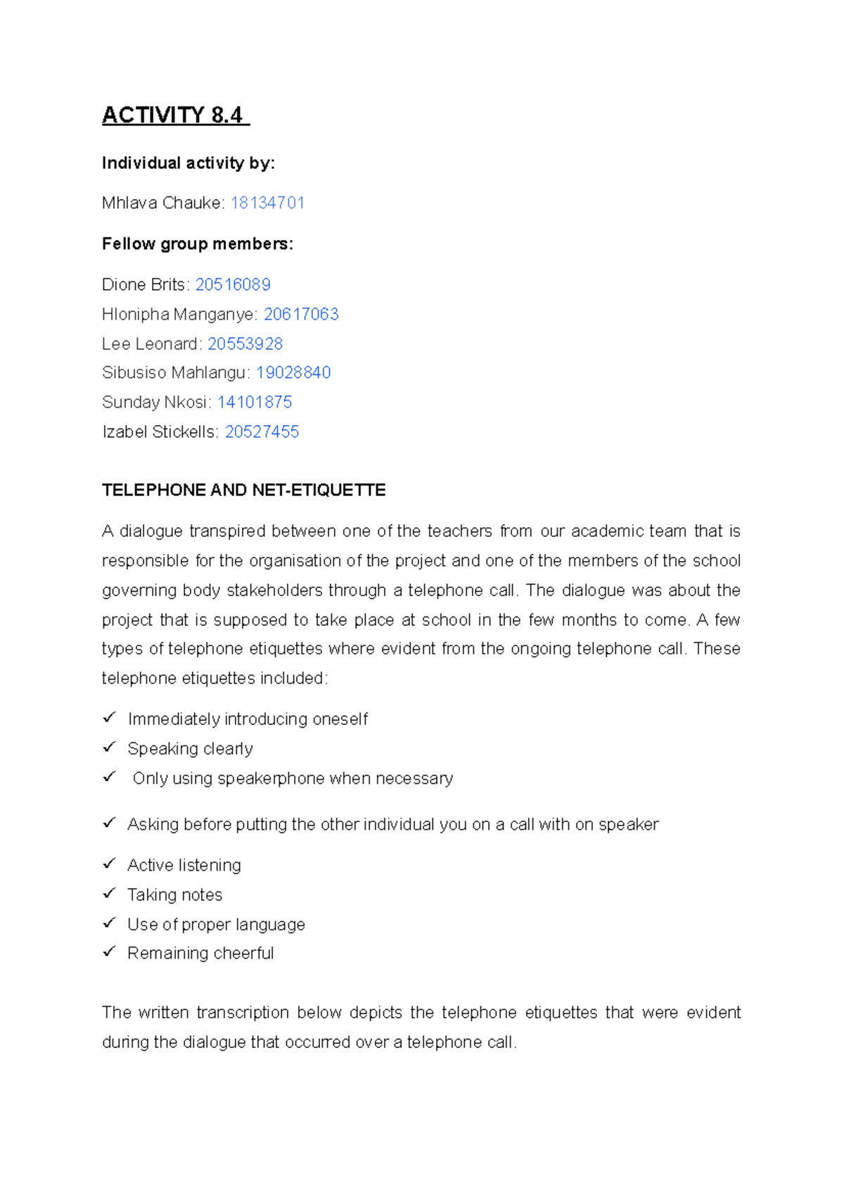 Telephone and Net-etiquette - ACTIVITY 8. Individual activity by ...