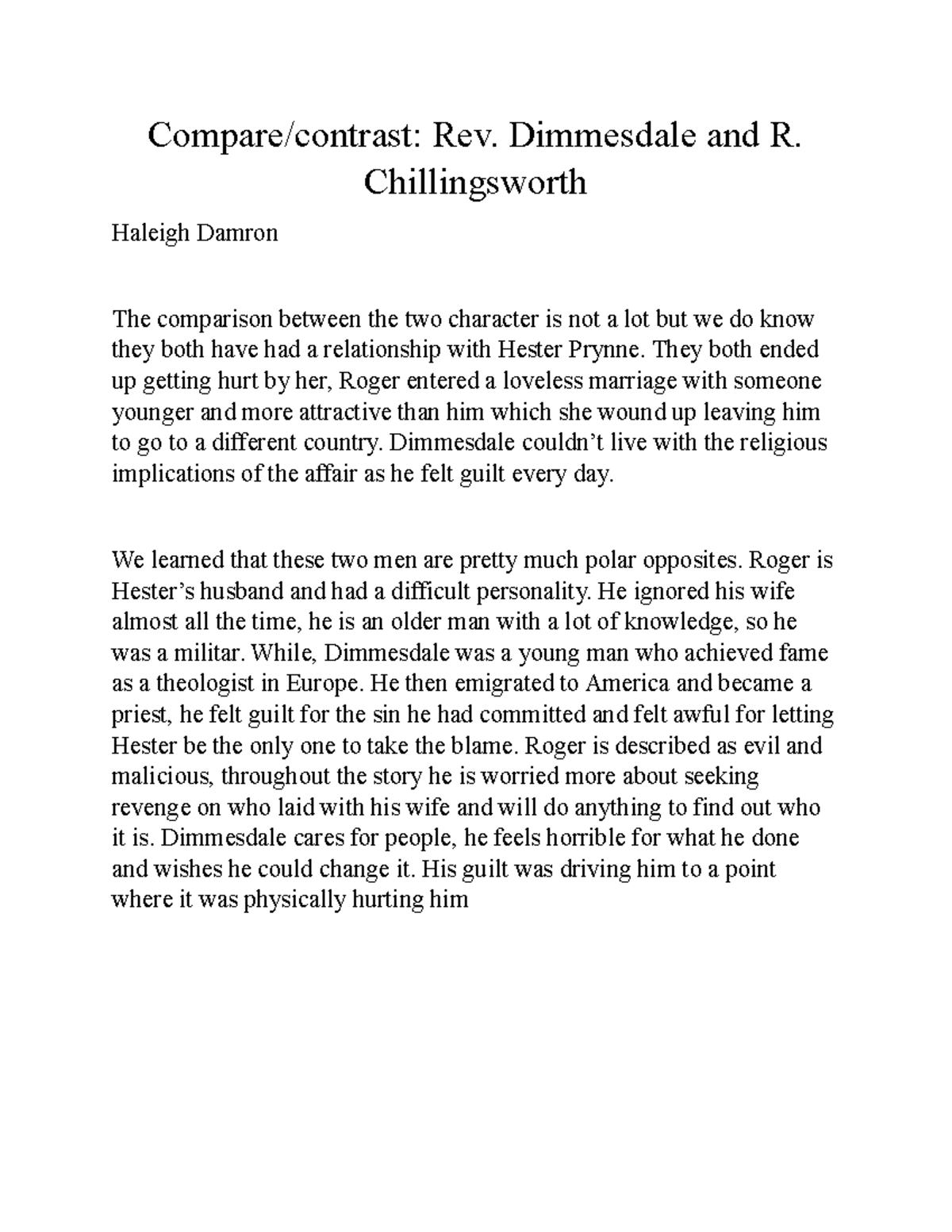Compare and Contrast - Compare/contrast: Rev. Dimmesdale and R ...
