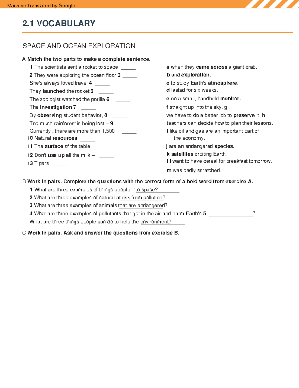 BUS Program Evolve 5 Lesson Plan 2 Handout 1 - 2 VOCABULARY SPACE AND ...