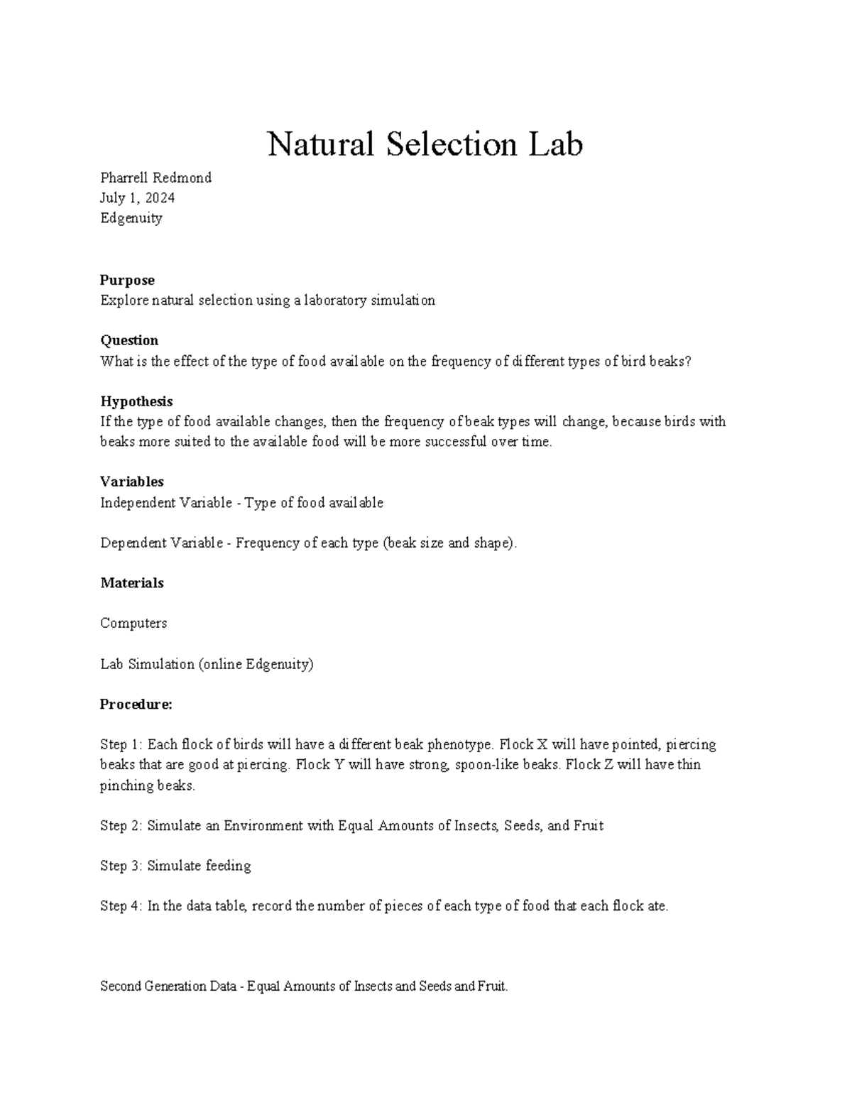 Natural Seletion Lab - Natural Selection Lab Pharrell Redmond July 1 ...
