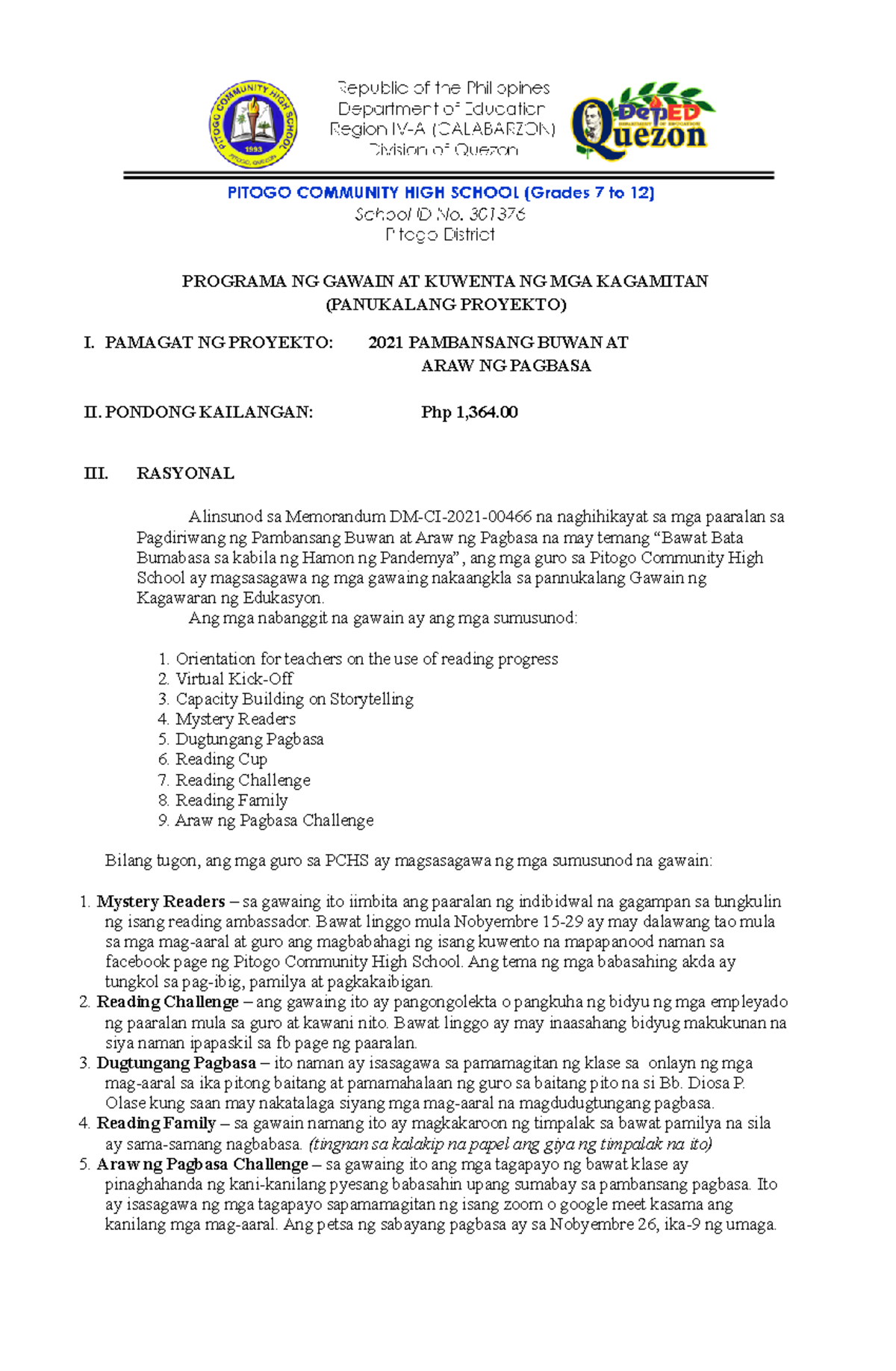 Project proposal para sa buwang ng Paggbasa 2021 - Bachelor of ...