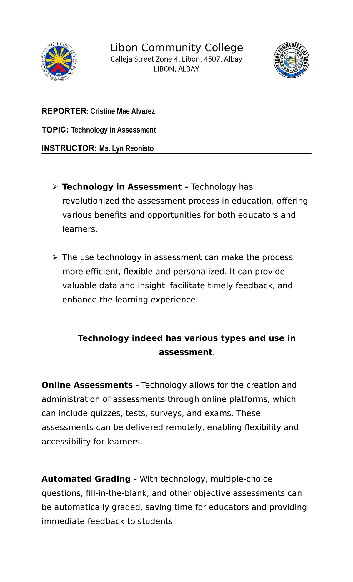 Technology-IN- Assessment 2 - Libon Community College Calleja Street ...