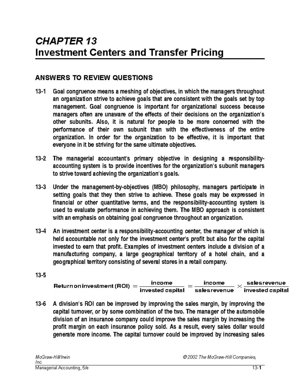 Tutorial work - 7 - solutions - CHAPTER 13 Investment Centers and ...