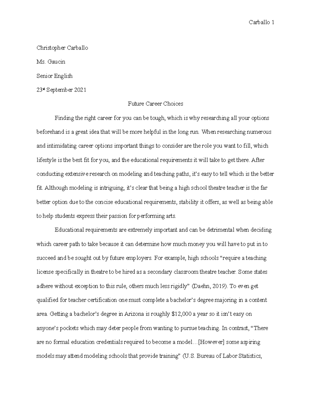Career Research Paper - Essay - Christopher Carballo Ms. Gaucin Senior ...