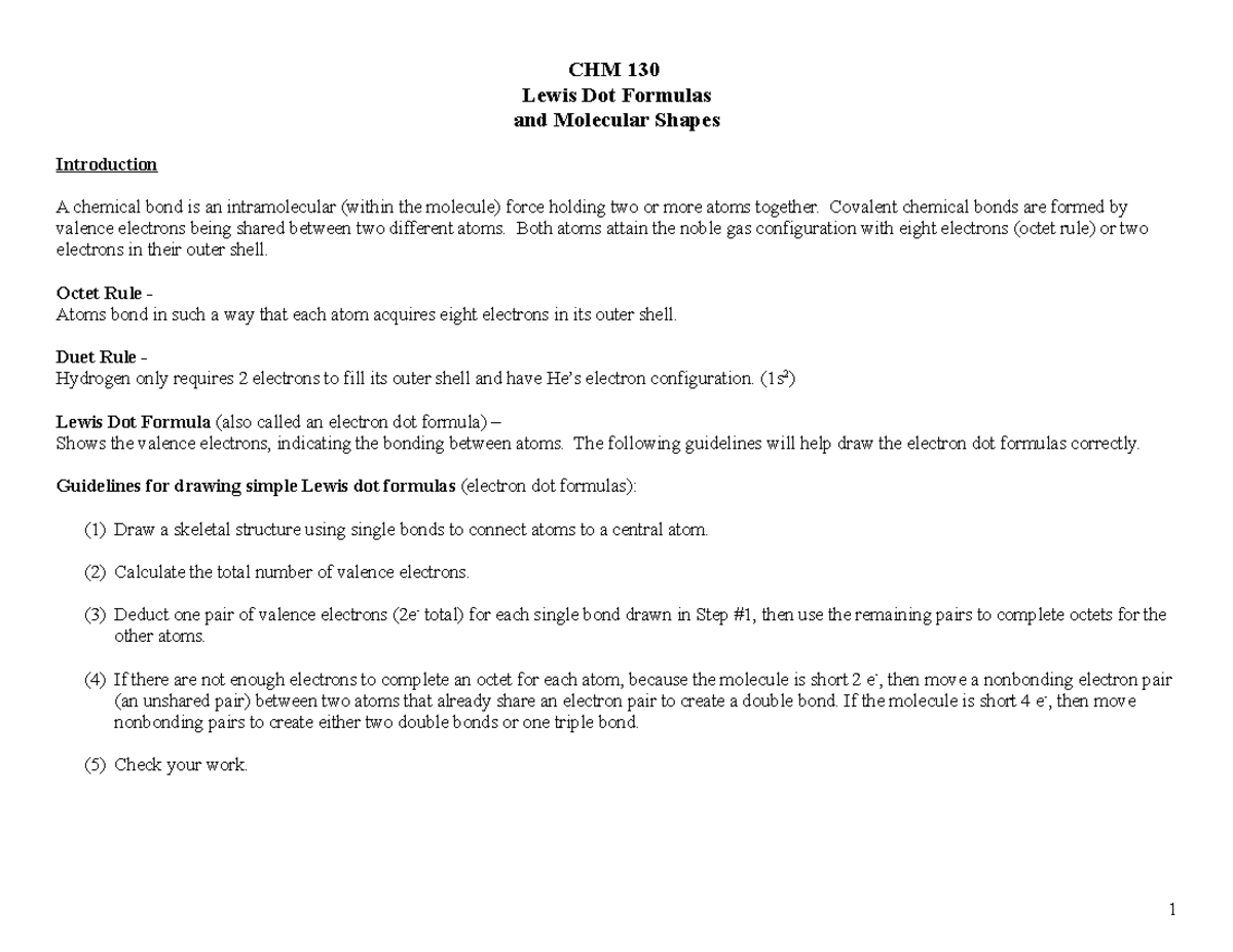 Lab 9 CHM 130LL Lewis dot structure w Answer Key - CHM 130 Lewis Dot ...