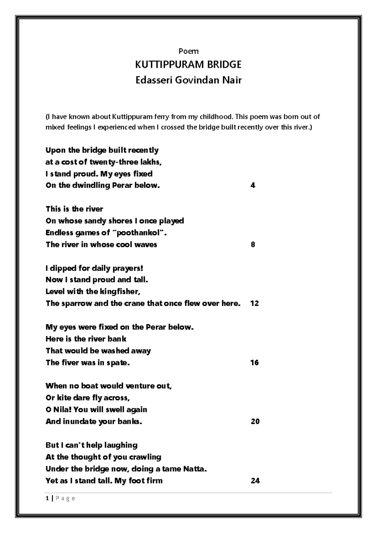 Kuttippuram Bridge Complete Notes export - 1 | P a g e Poem KUTTIPPURAM ...