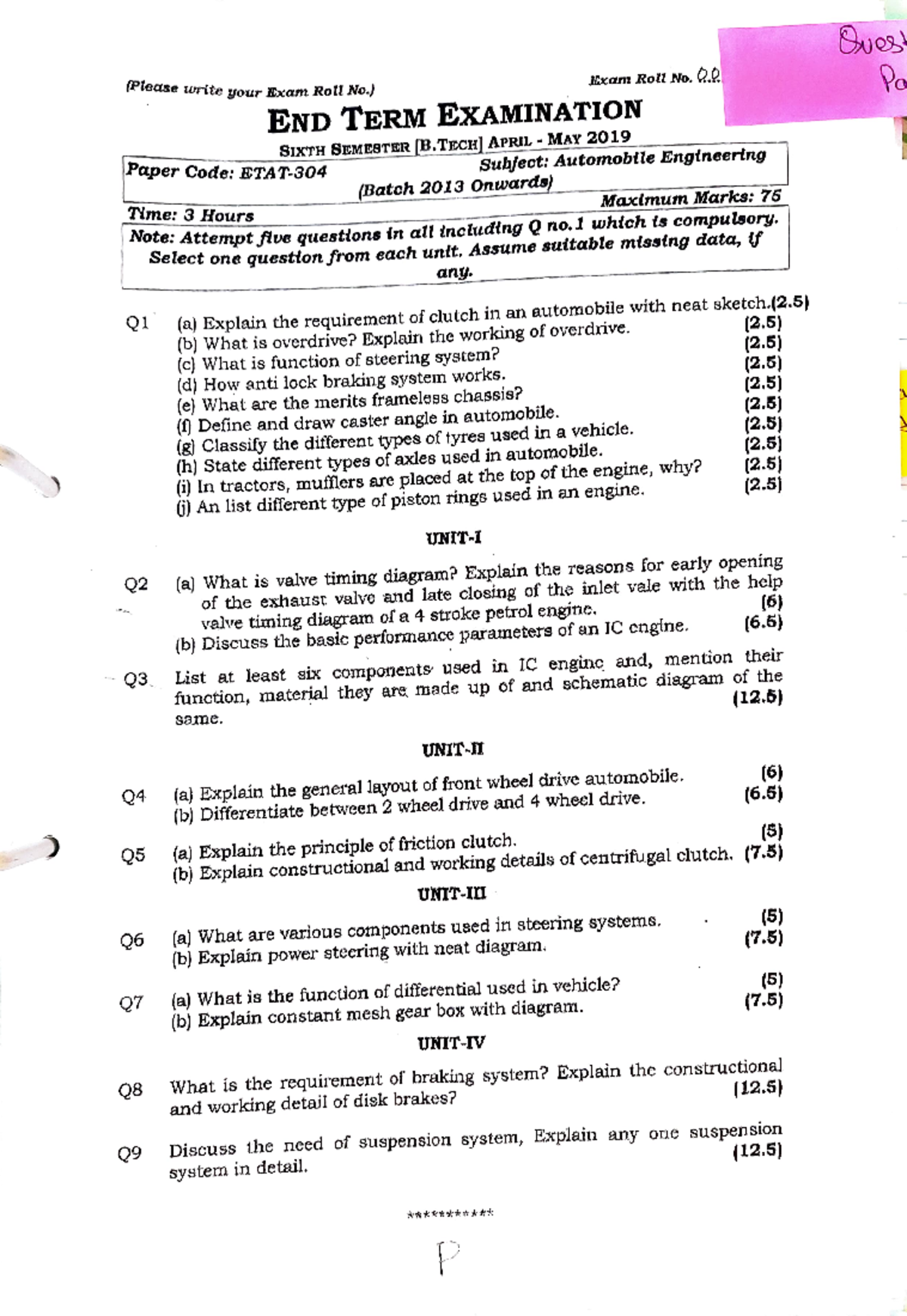 AE papers - Please write your Exam Roll No Exam Roll No. Q. END TERM EXAMINATION SIXTH SEMESTER ...