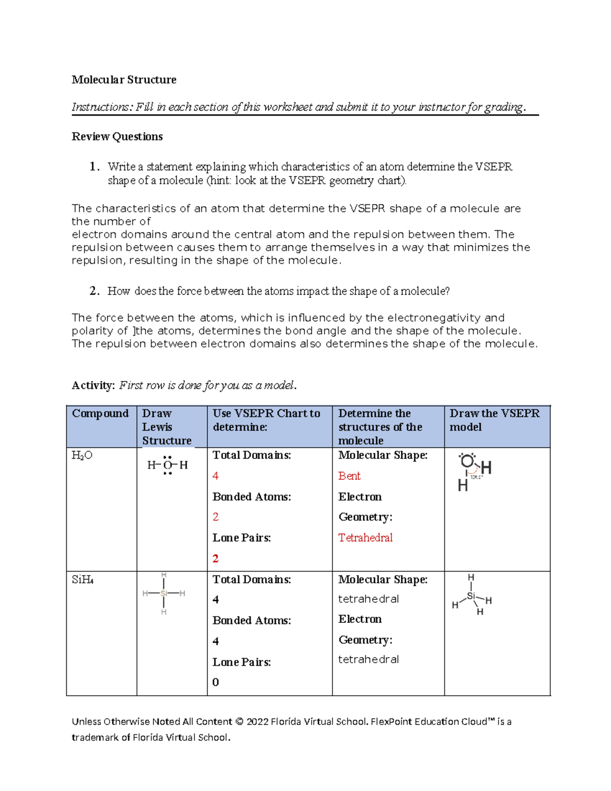 Molecular structure worksheet done - Molecular Structure Instructions ...