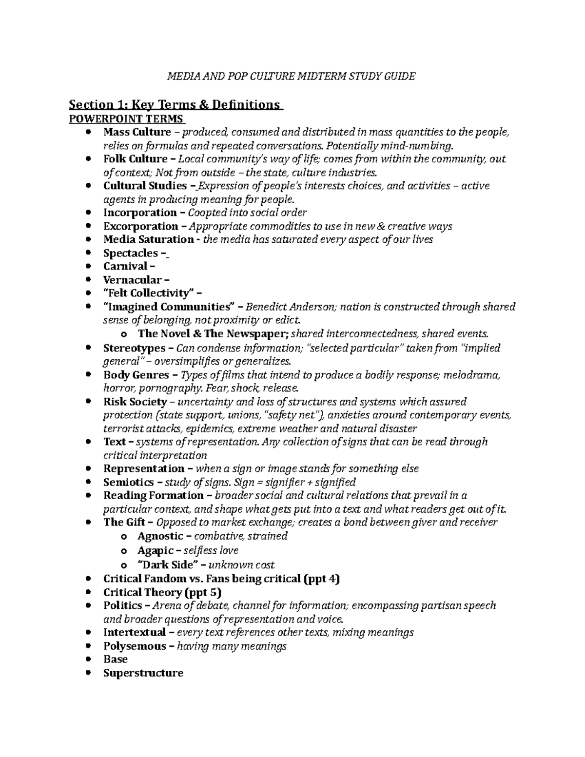 Media AND POP Culture Midterm Study Guide - MEDIA AND POP CULTURE ...