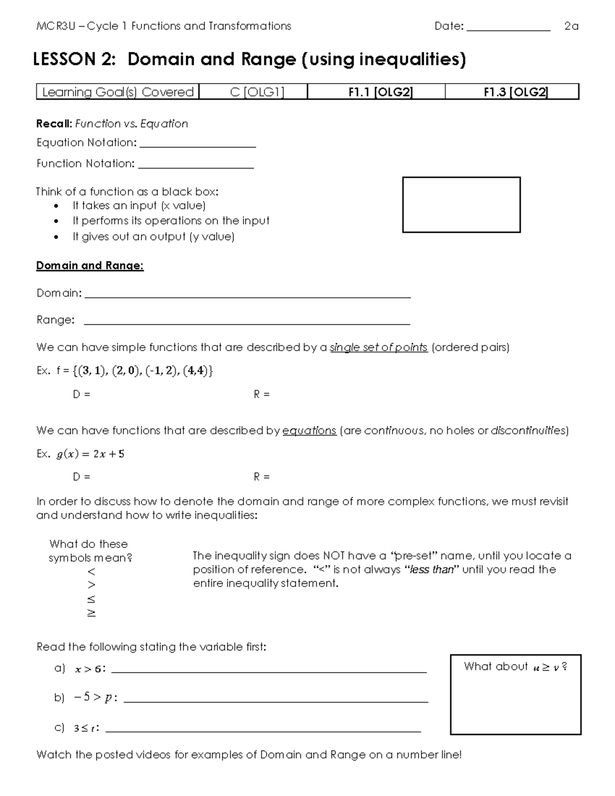C1 - 2a - Domain and Range Lesson - MCR3U – Cycle 1 Functions and ...