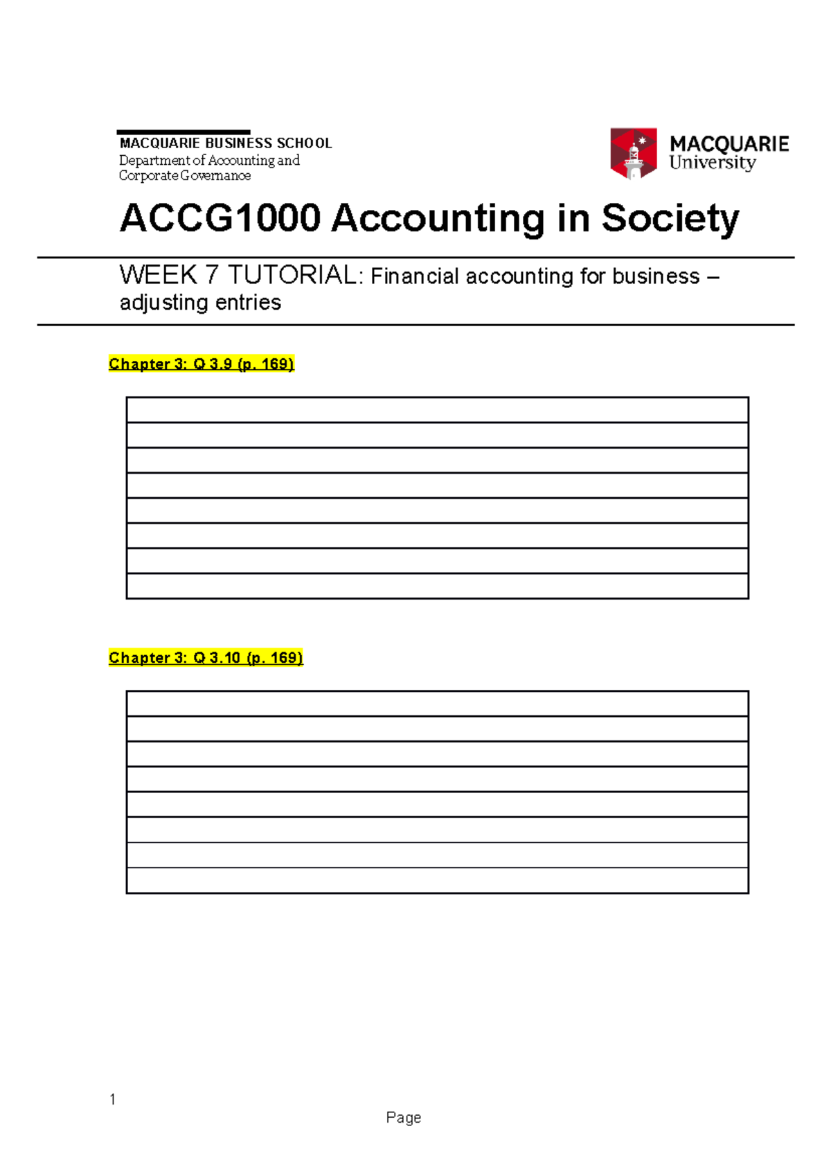 Week 7 Tutorial Homework Workbook - MACQUARIE BUSINESS SCHOOL ...
