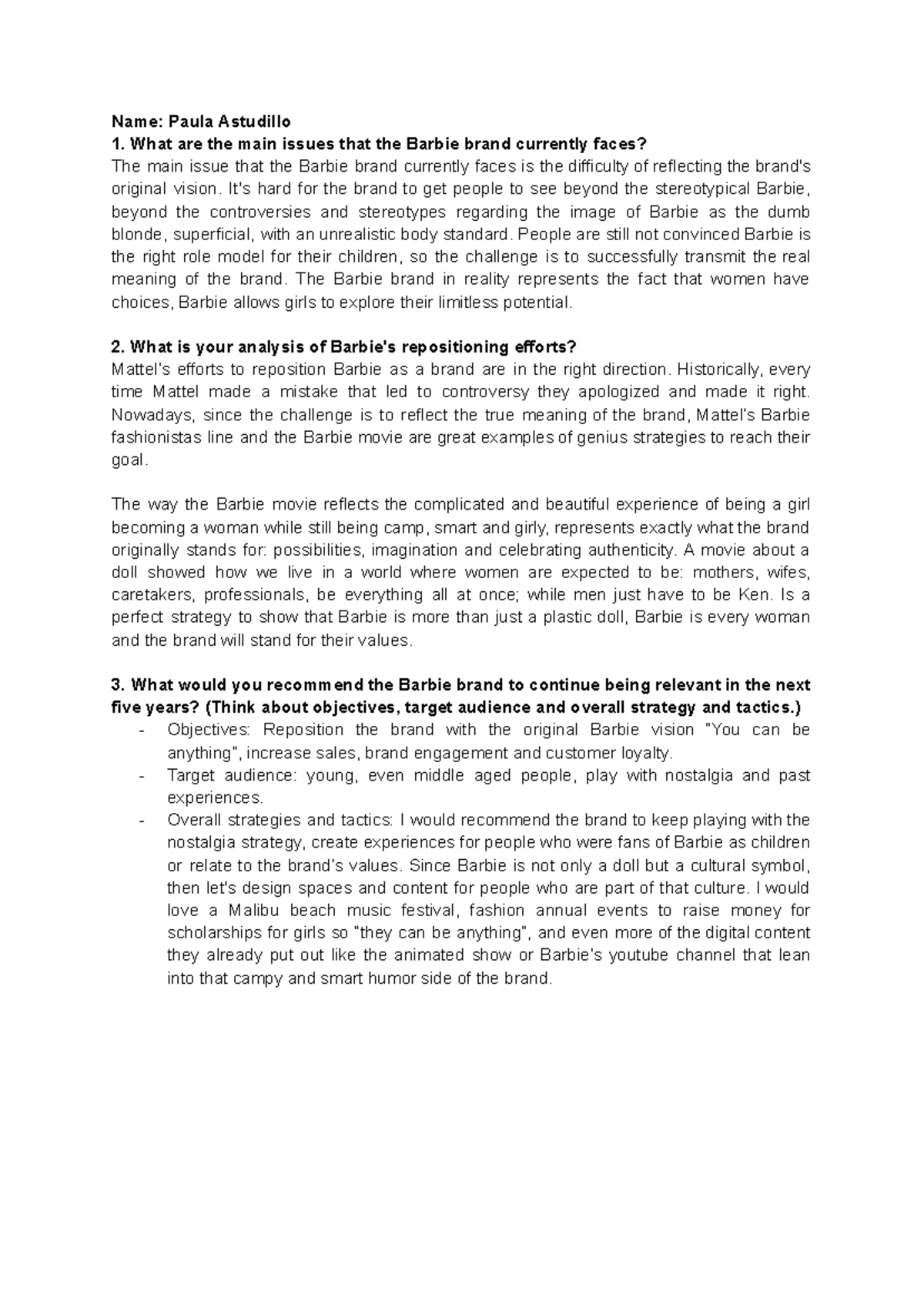 Barbie case - Paula Astudillo - Name: Paula Astudillo What are the main ...