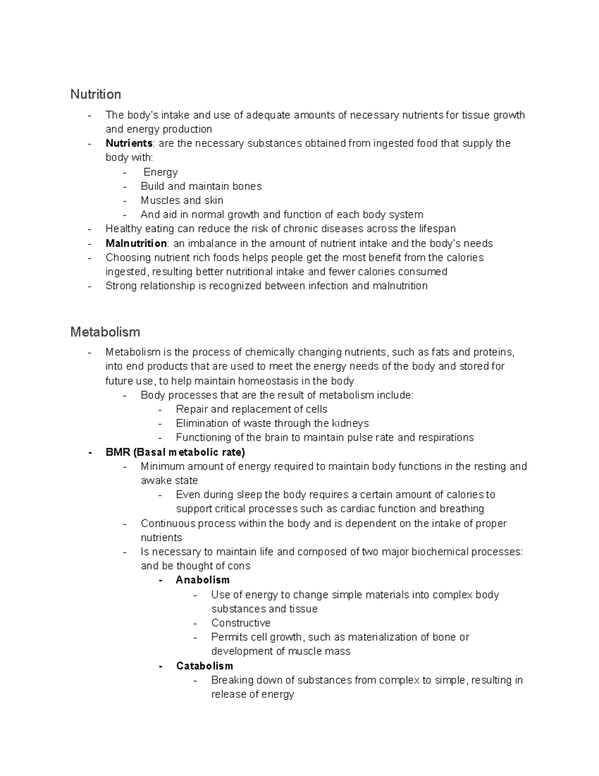 Nutrition Study Guide - Nutrition The body’s intake and use of adequate ...
