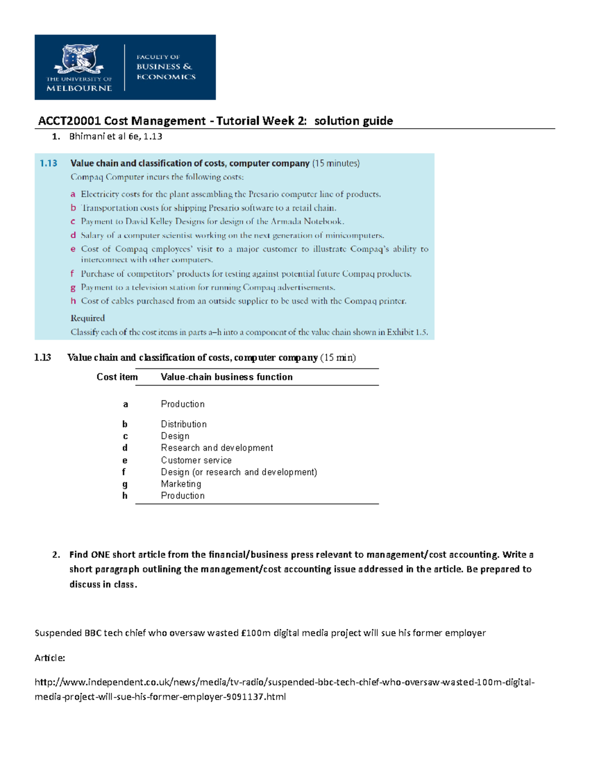 S2 2018 Tutorial 2 Solutions - ACCT20001 Cost Management - Tutorial ...