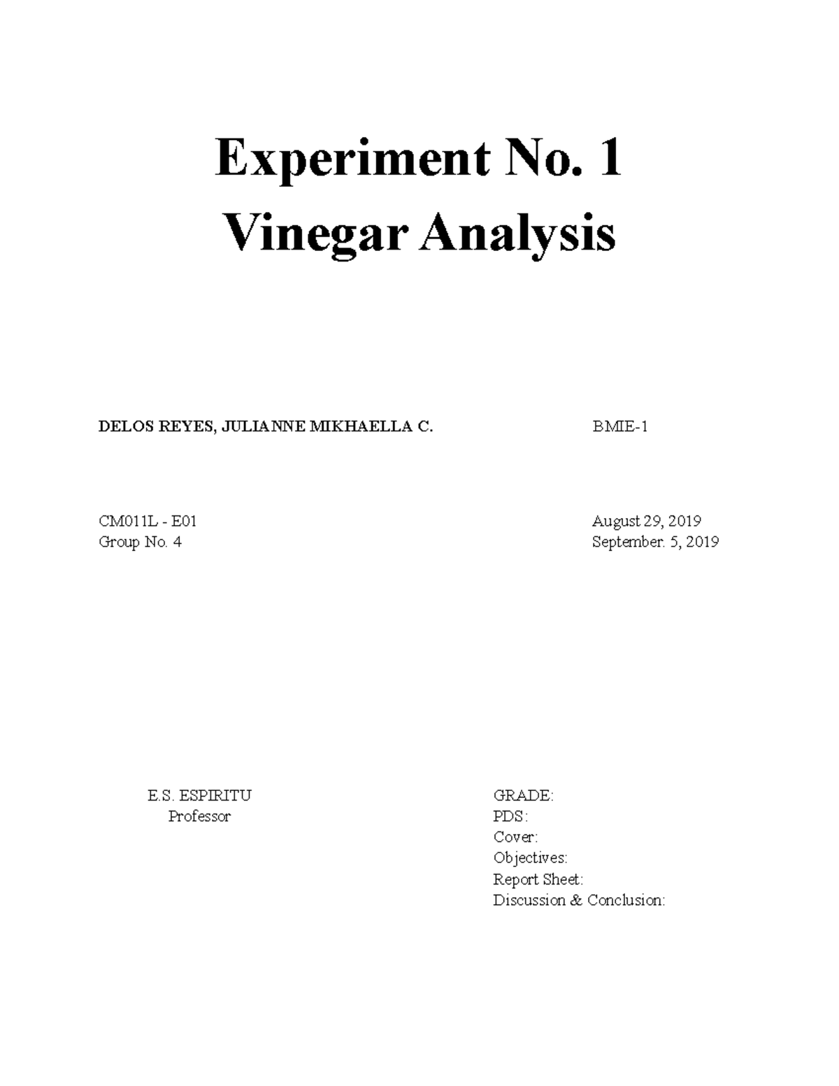LAB1 - Titration Final Lab report - Experiment No. 1 Vinegar Analysis ...