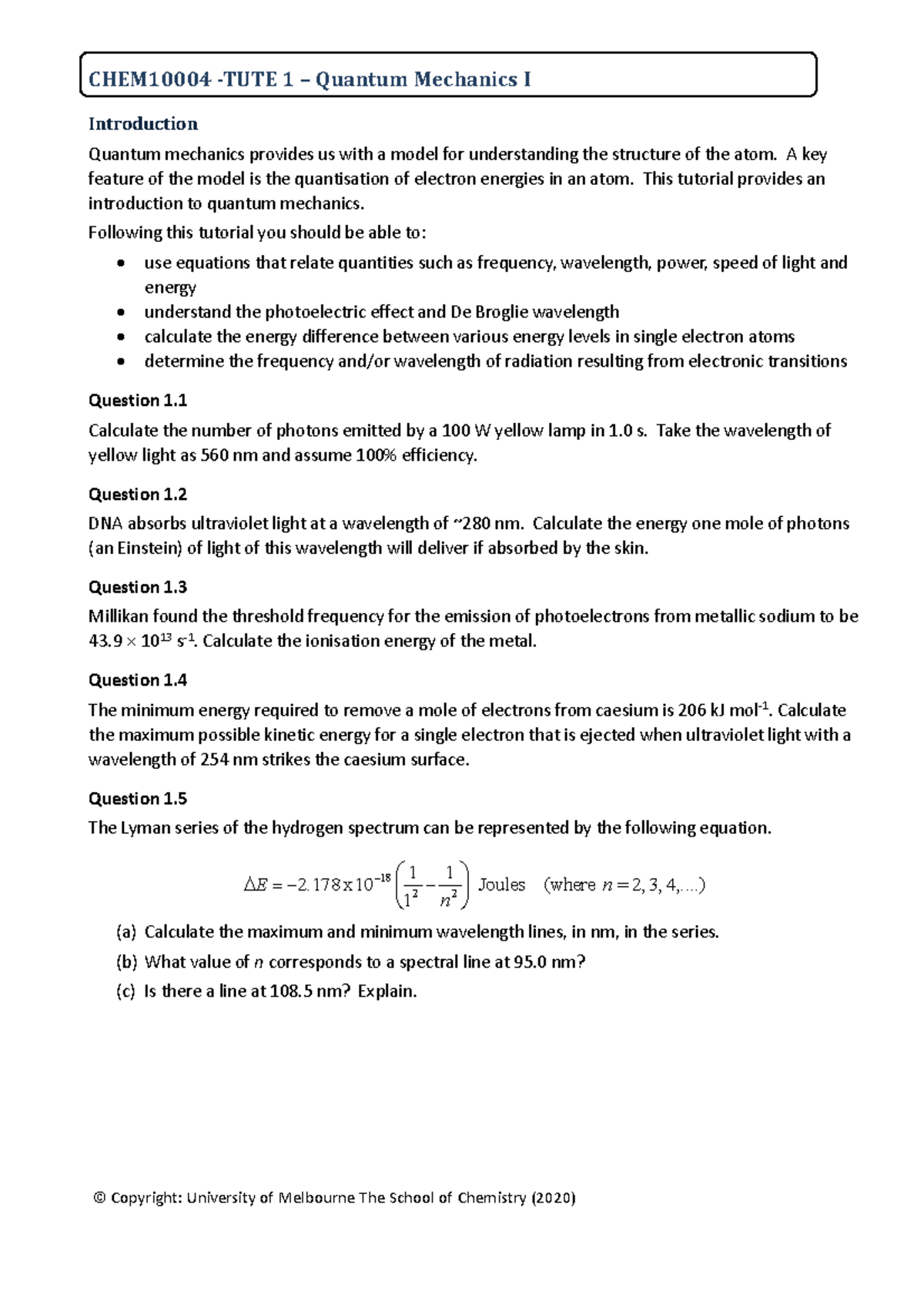 Tute 1 CHEM10004 Summer 2020 Tutorial Questions - Warning: TT: undefined function: 32 ...