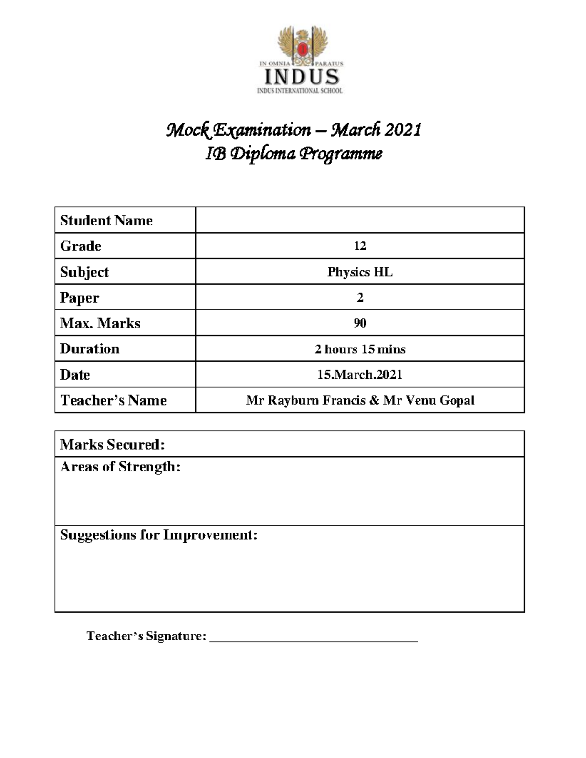 Grade 12 Physics HL Mock Paper 2 QP Mock Examination March 20 21 IB
