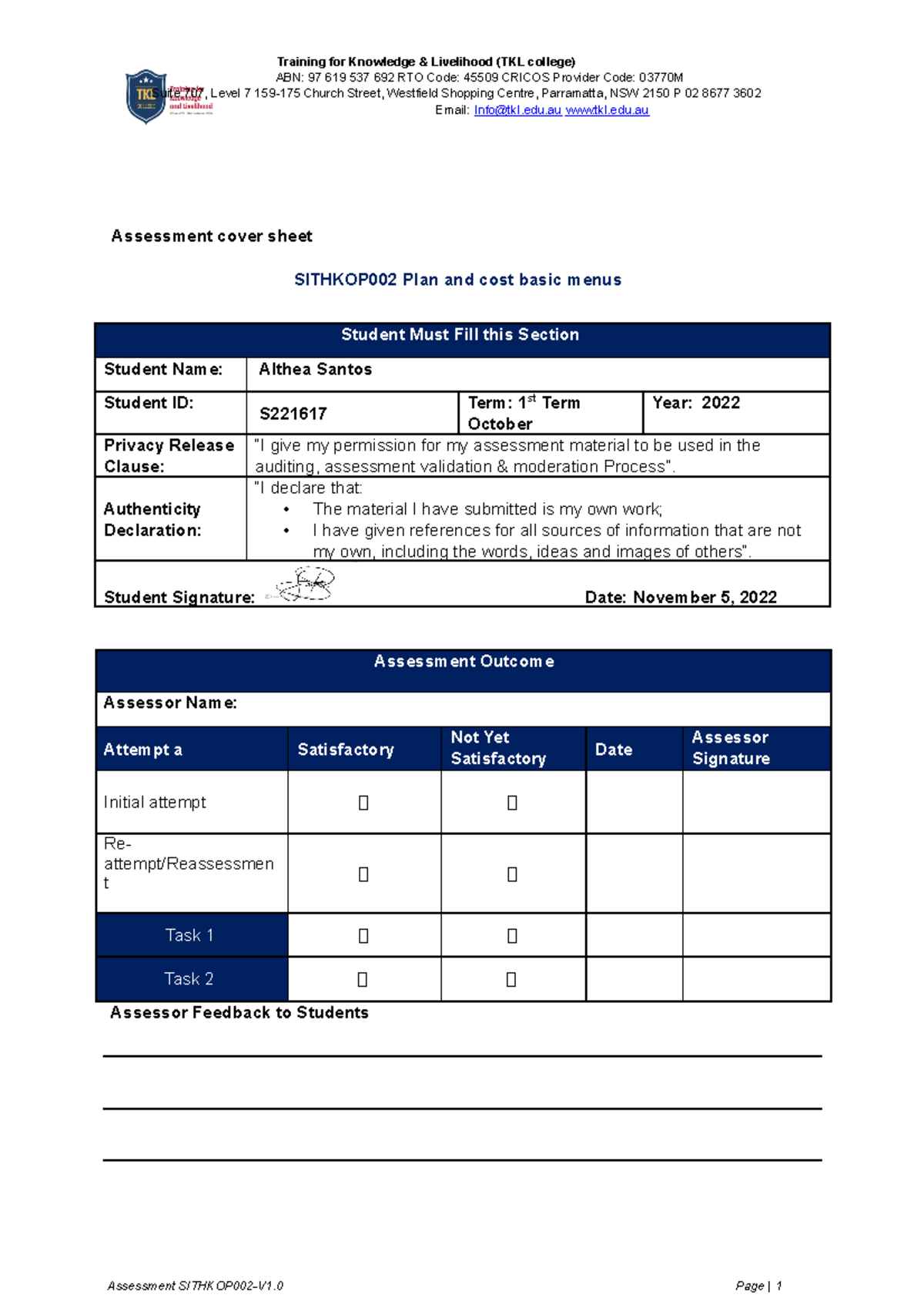 Sithkop 002 Plan and Cost Basic Menus Assessment V 1 - ABN: 97 619 537 692 RTO Code: 45509 ...
