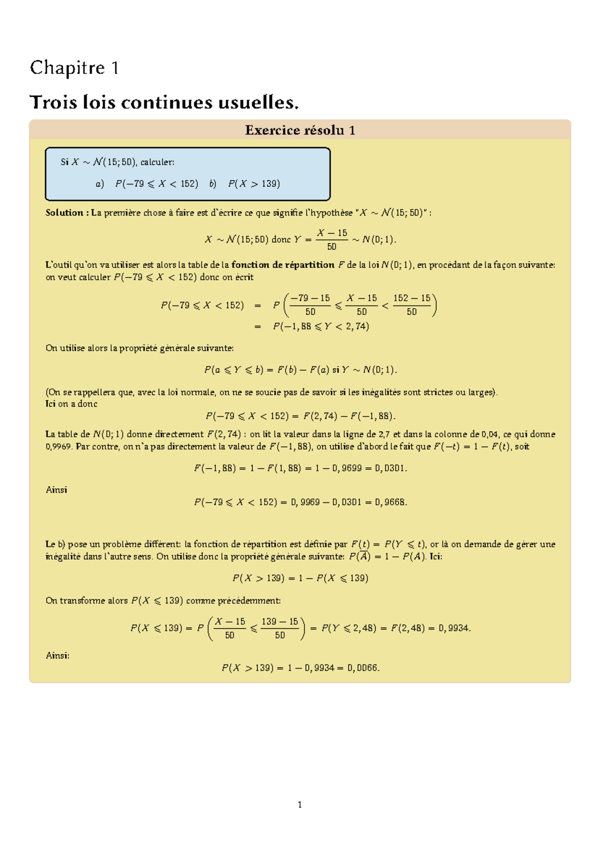 Exos L3 ch1 - Exercices chapitre - Chapitre 1 Trois lois continues usuelles. Exercice résolu 1 ...