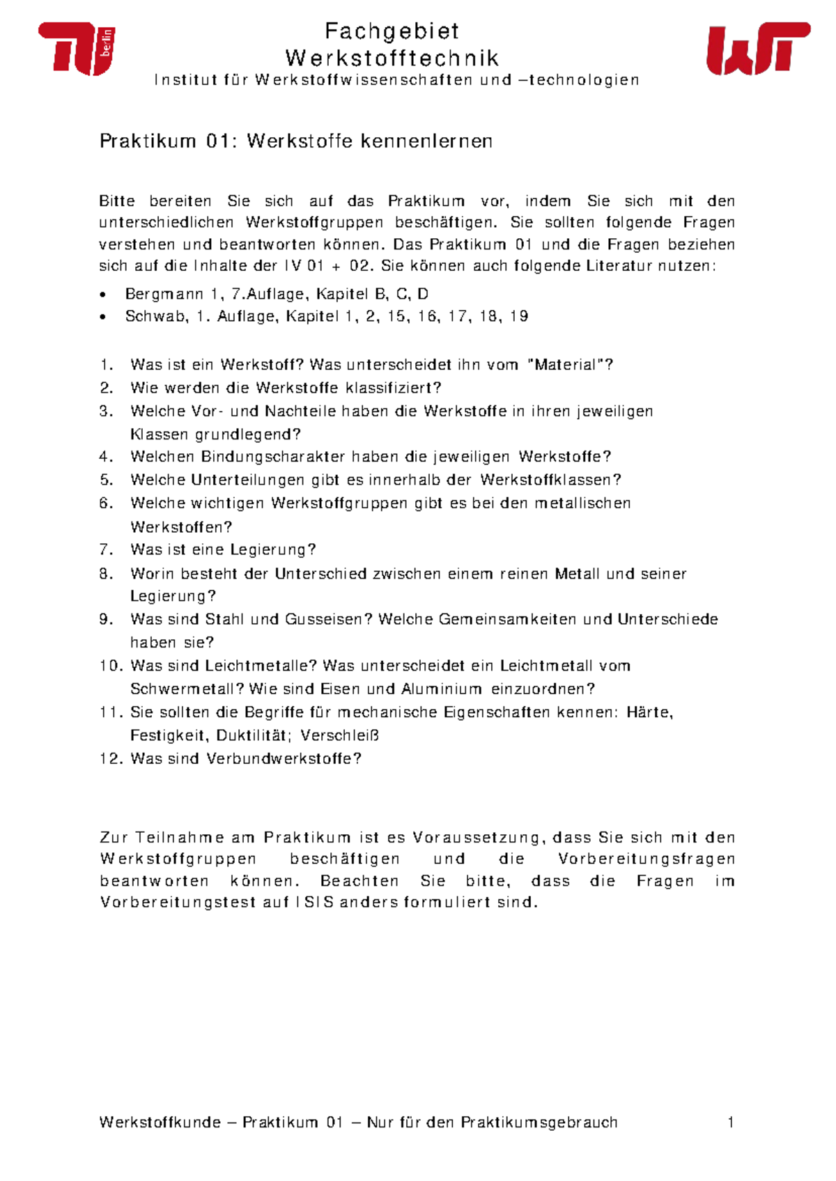 PR7-Umdruck für das Praktikum im WK1 - Werkstoffkunde II - TU Berlin - Studocu