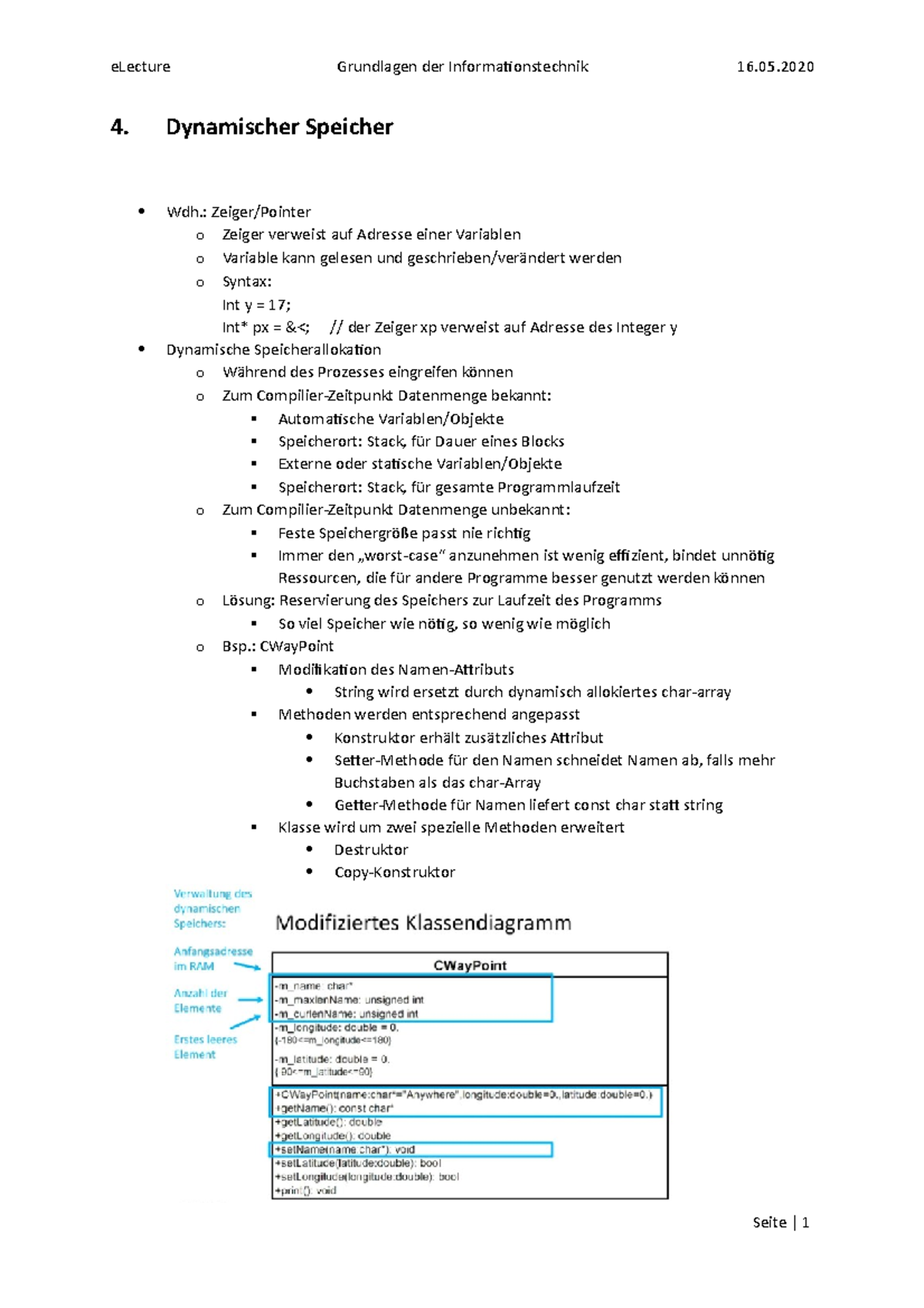 Lecture 04 Dynamischer Speicher - 4. Dynamischer Speicher Wdh.: Zeiger/Pointer o Zeiger verweist ...