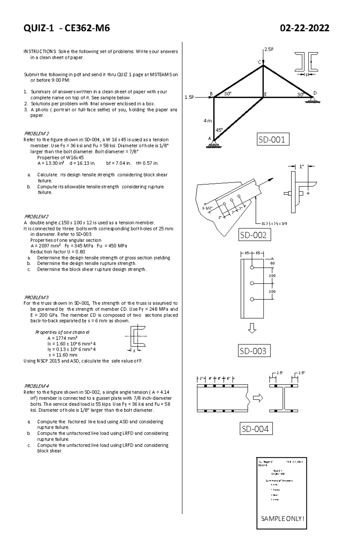 Practice Problems Steel Design QUIZ 1 CE362 M6 02 22 PROBLEM 3 For