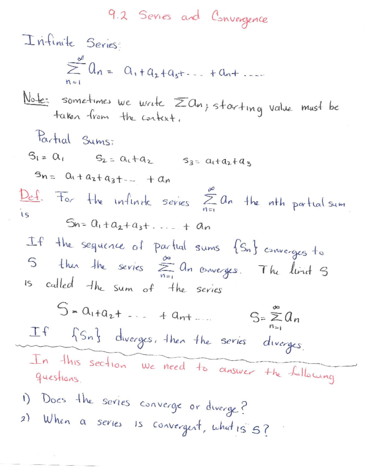 Notes section 9.2 Series and Convergece - MATH262 - Studocu