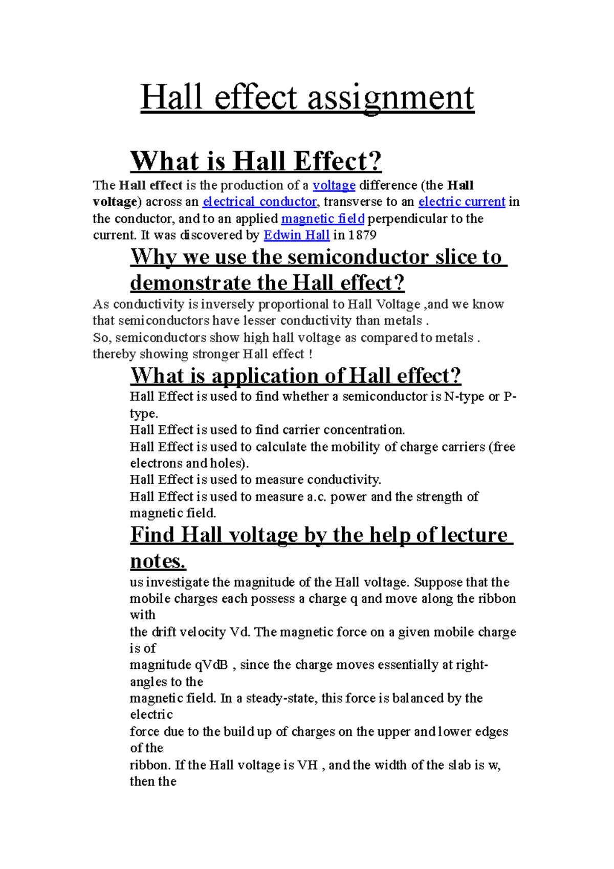 Hall effect assignment - Hall effect assignment What is Hall Effect ...