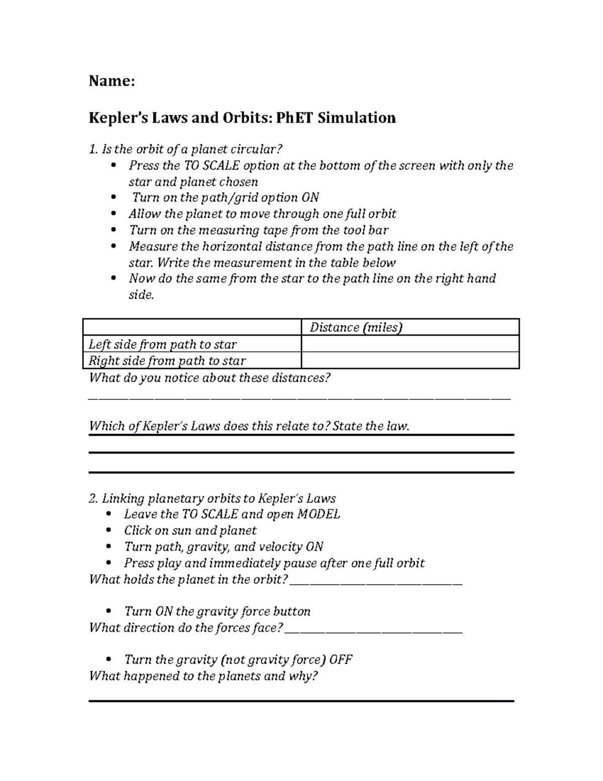 lessonworksheet - Name: Kepler’s Laws and Orbits: PhET Simulation Is ...