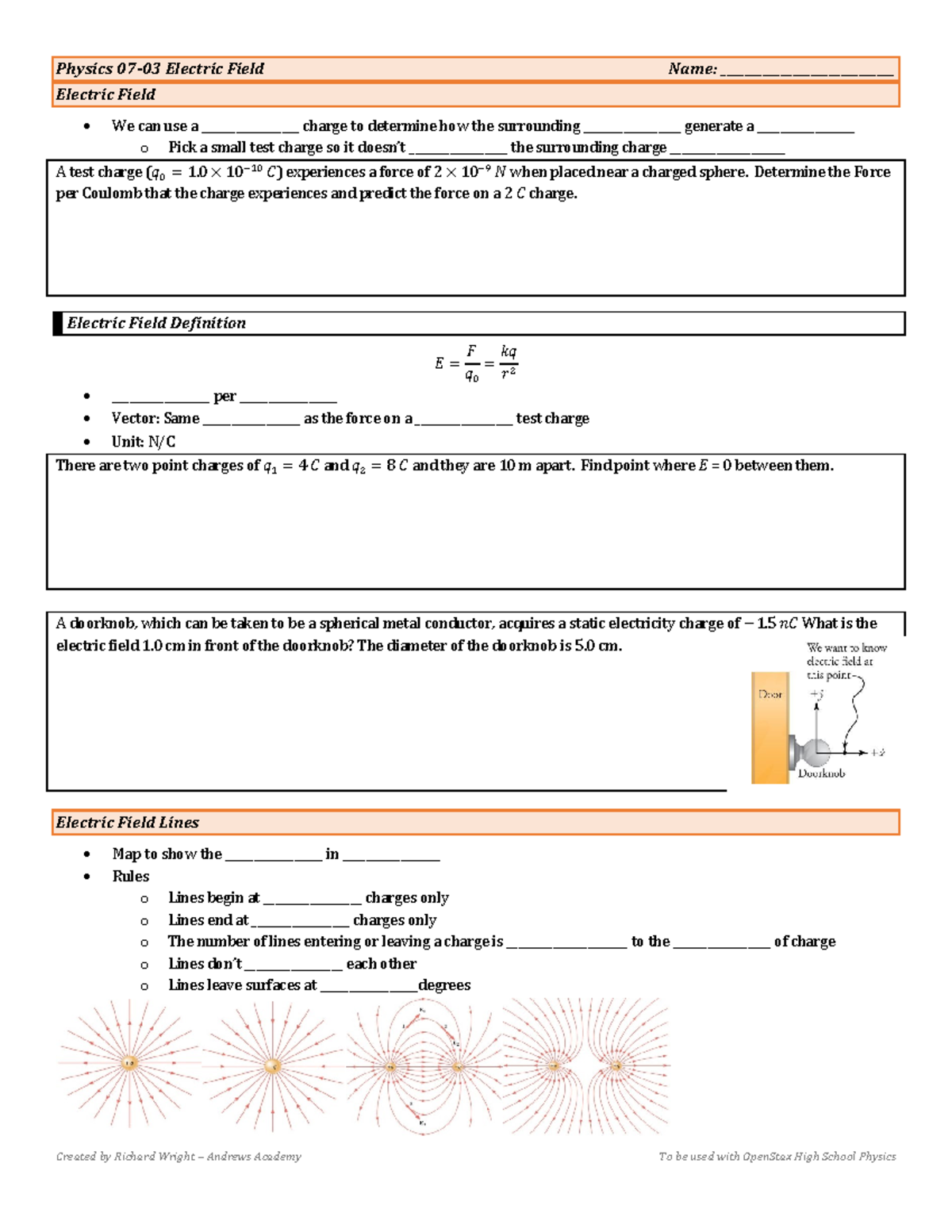 HSPhysics 07-03 Electric Field - Physics 0 7 - 03 Electric Field Name