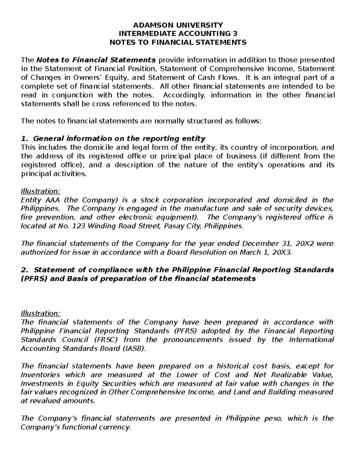 (04.1) Notes to Financial Statements - ADAMSON UNIVERSITY INTERMEDIATE ...
