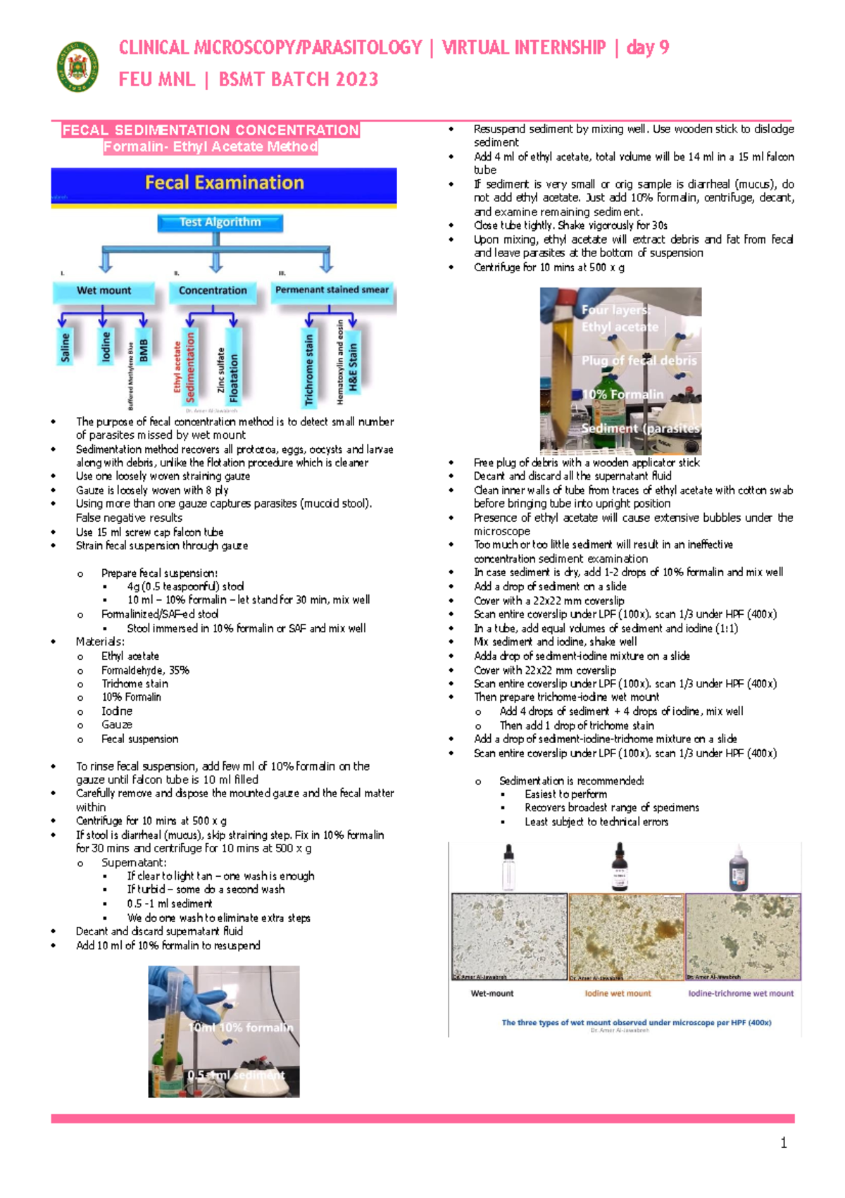 CM PARA DAY 9 - CLINICAL MICROSCOPY AND PARASITOLOGY - 1 Formalin ...