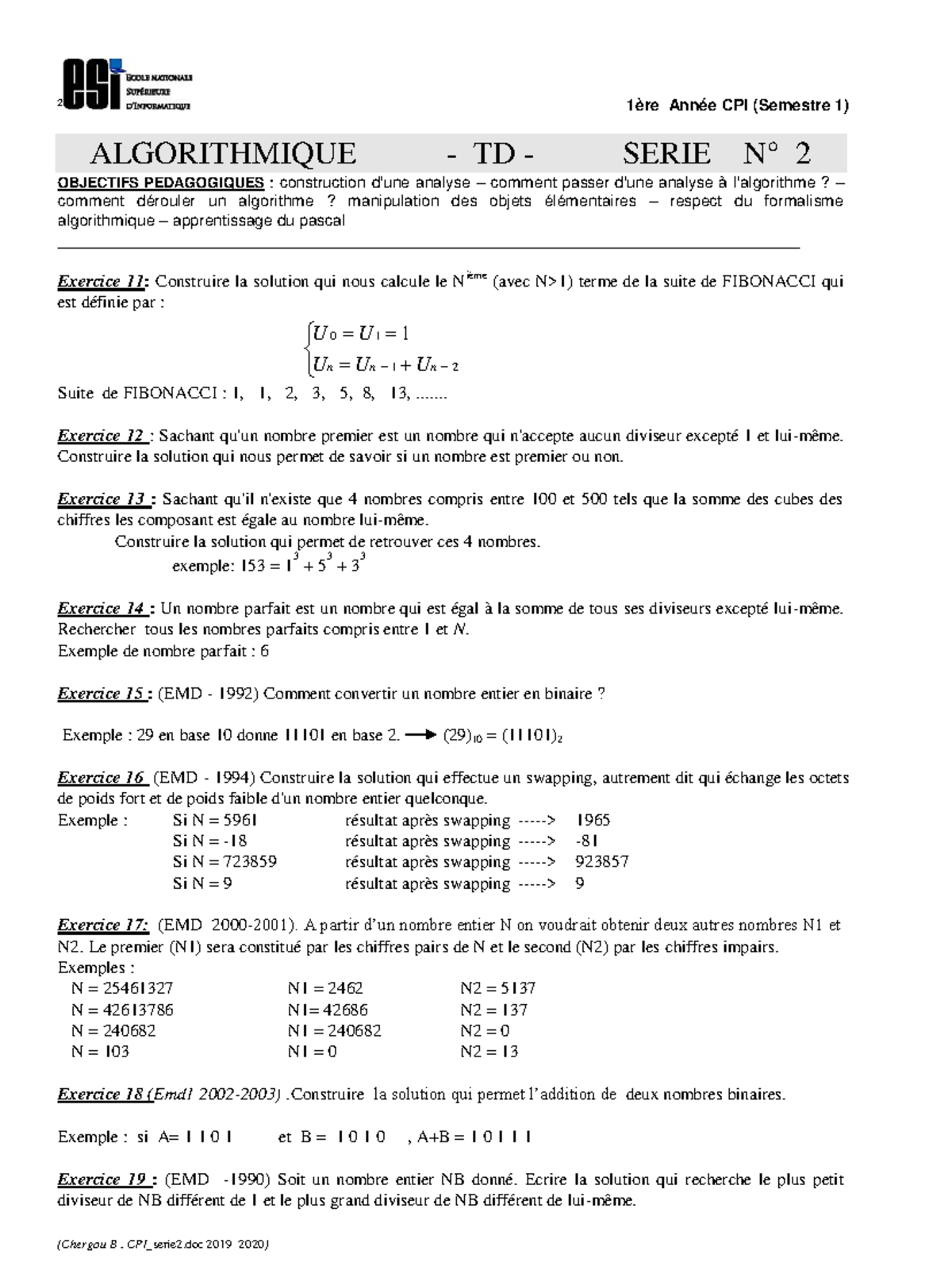 CPI serie 2 2019 2020 - Algorithm exercises - (Chergou B. CPI_serie2 ...