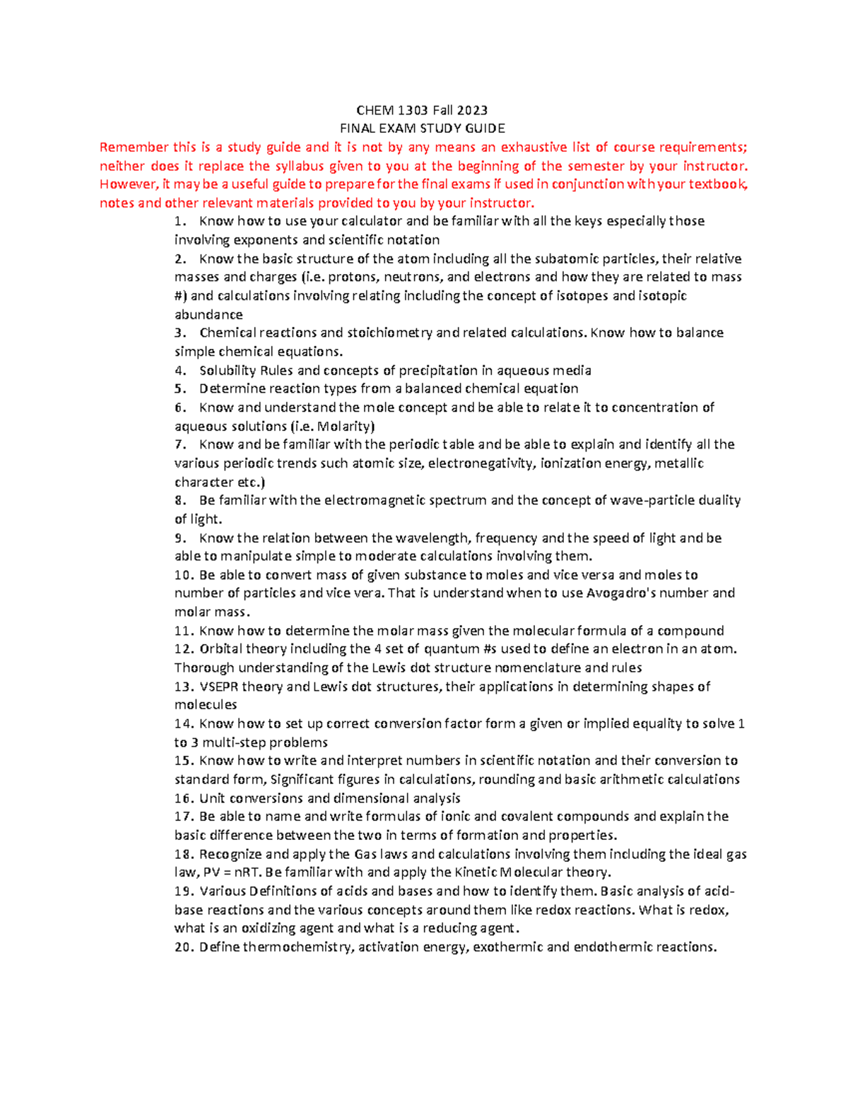 CHEM 1303 Fall 2023- Final EXAM Study Guide - CHEM 1303 Fall 2023 FINAL EXAM STUDY GUIDE ...
