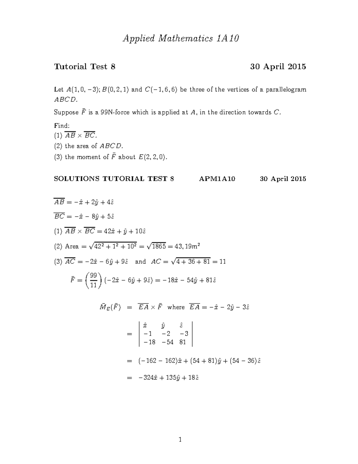 Tuttest 8 + Sol apm1a1015 - Applied Mathematics 1A10 Tutorial Test 8 30 ...