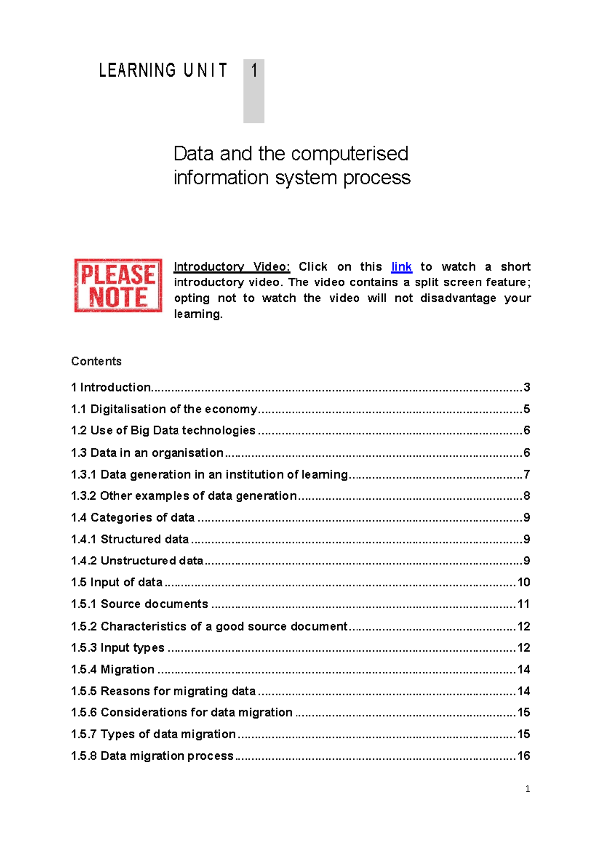 Learning Unit 1 - Data and the computerised information system - L E A ...