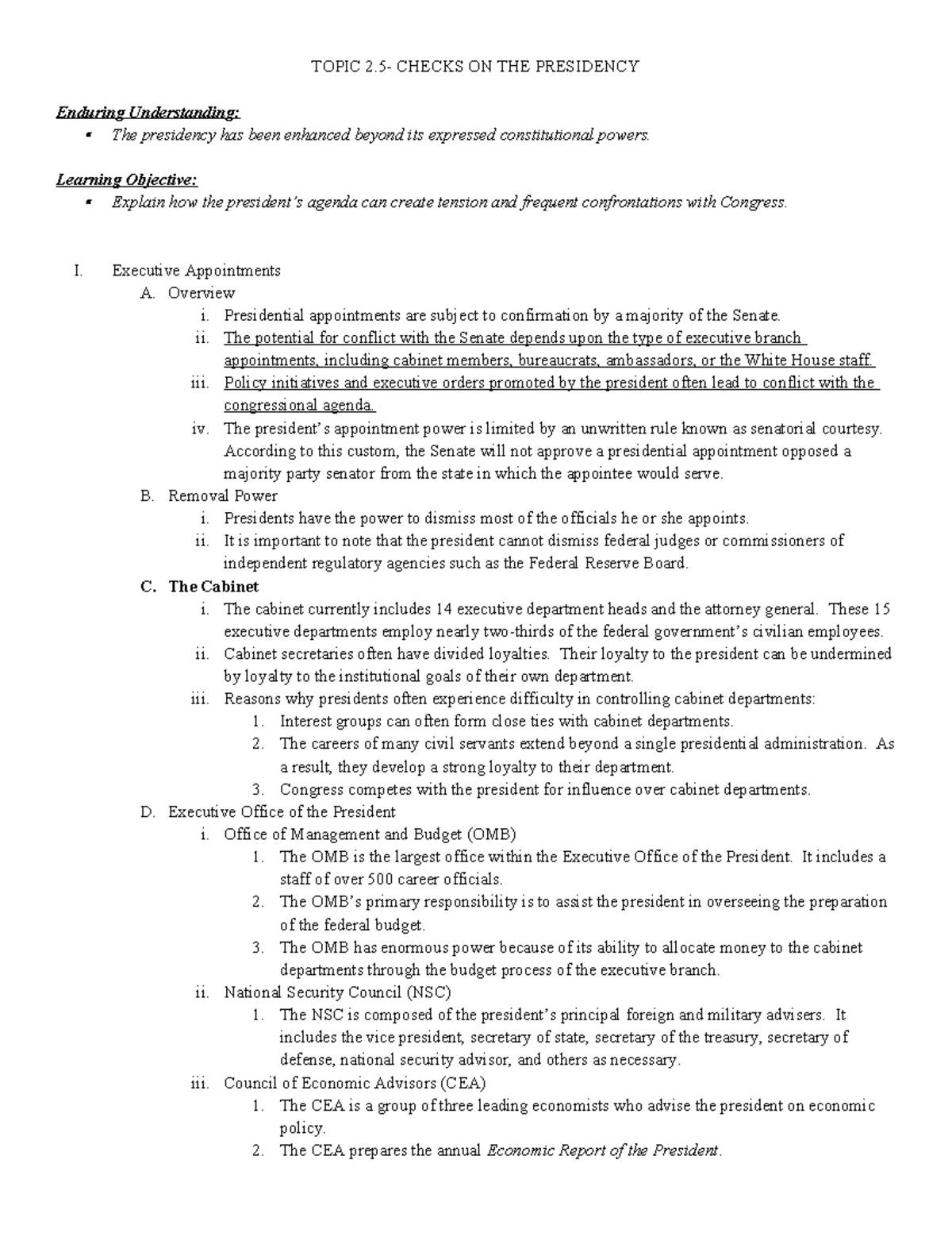Chapter 10 notes - TOPIC 2- CHECKS ON THE PRESIDENCY Enduring ...