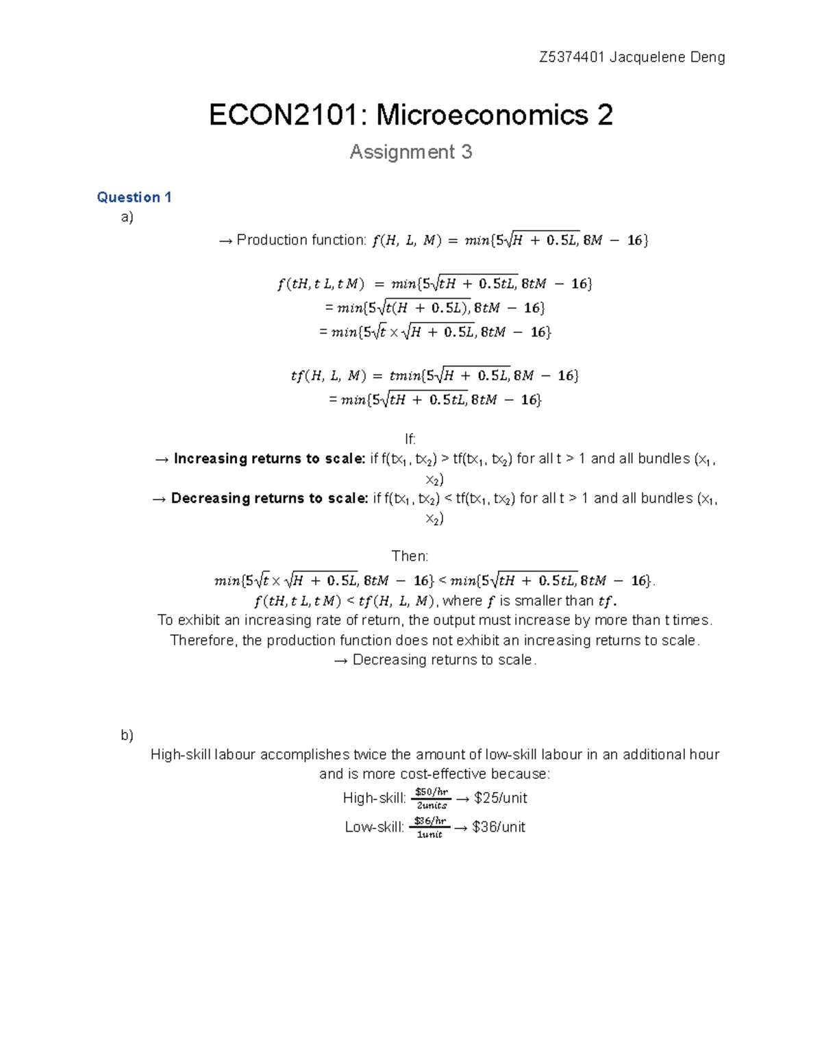 ECON2101 Assessment 3 - 93% - ECON2101: Microeconomics 2 Assignment 3 ...